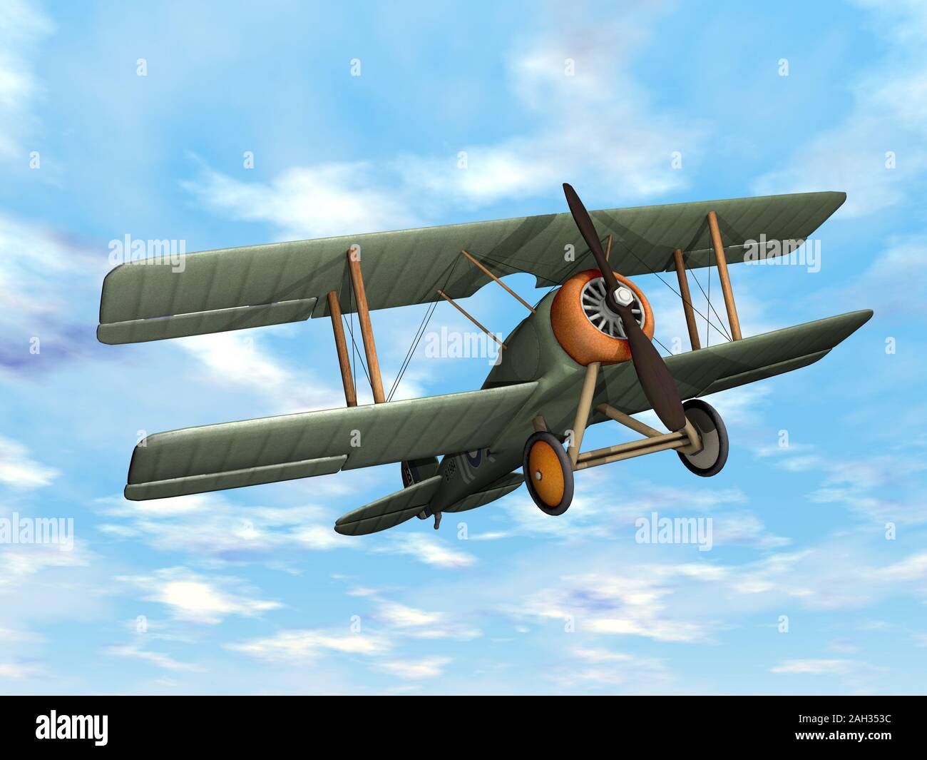 Old retro biplane flying in the sky - 3D render Stock Photo - Alamy