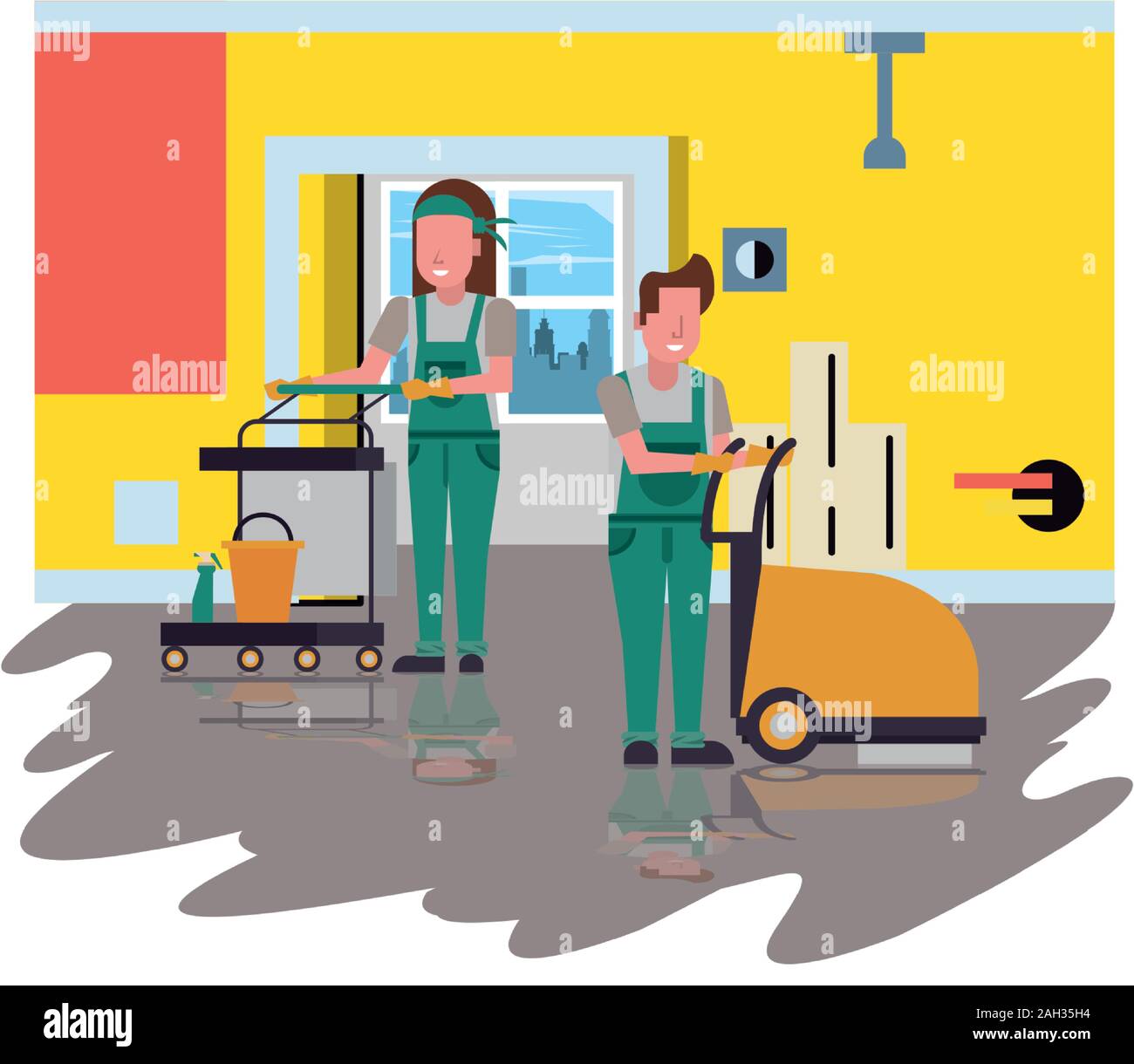 housekepping workers couple with equipment characters Stock Vector ...