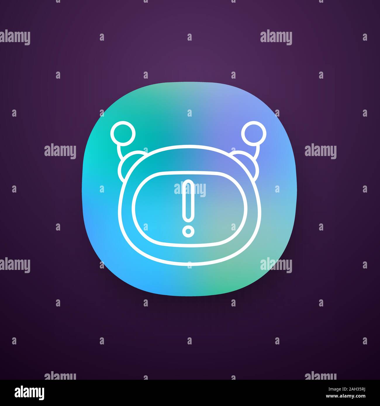 Chatbot notification app icon. Chat bot face with exclamation mark. Important message ...