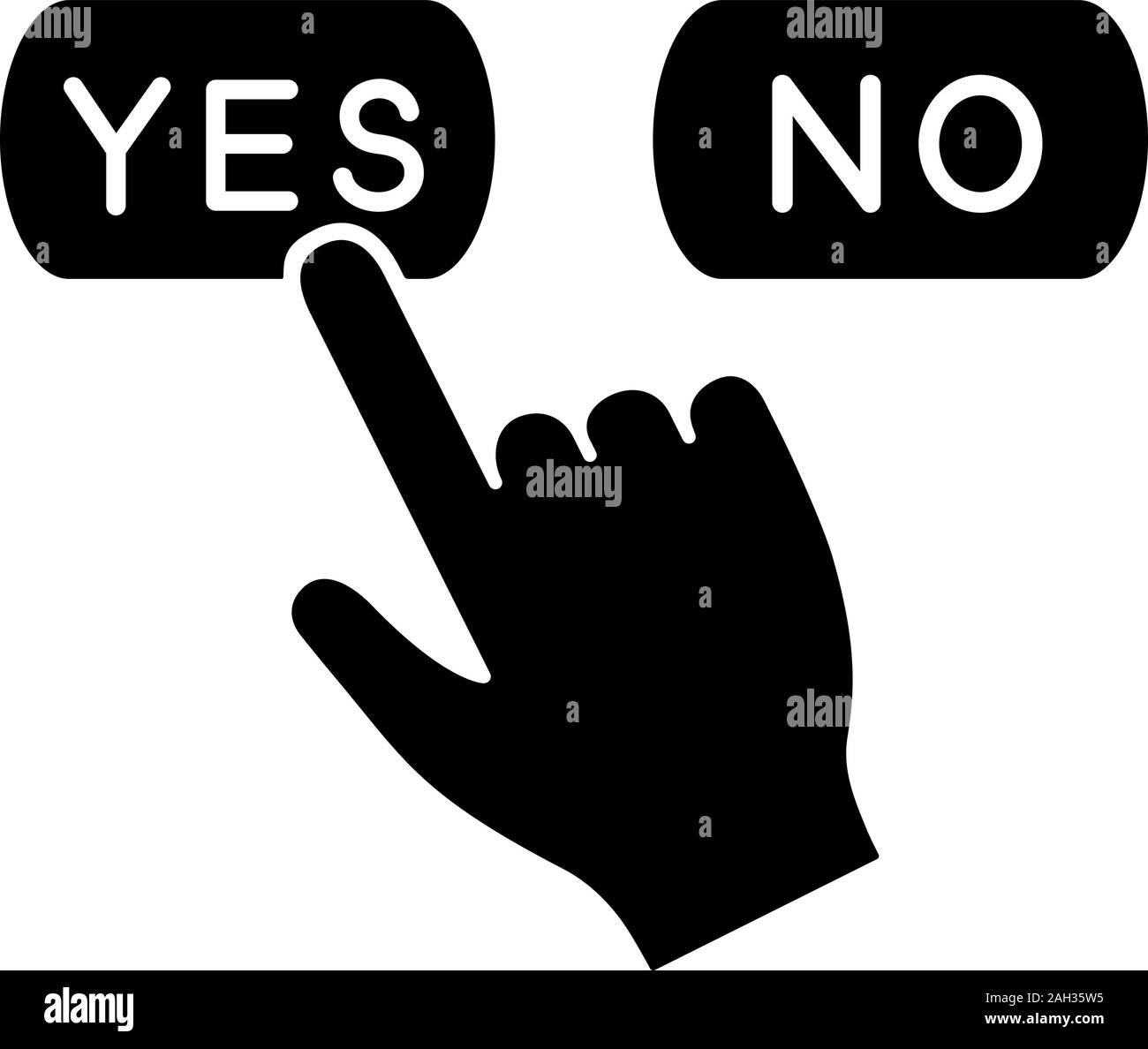 Yes or no click glyph icon. Accept and decline buttons. Hand pressing button. Silhouette symbol ...