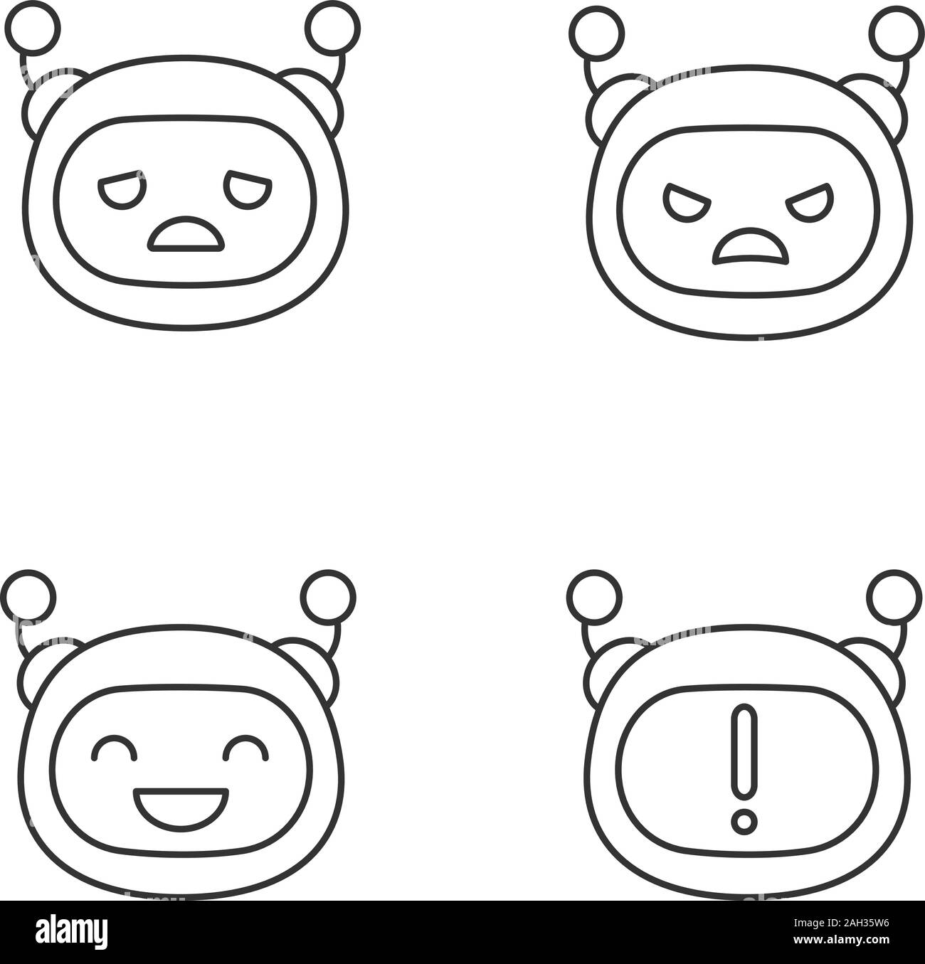 Robot emojis linear icons set. Chatbot emoticons. Sad, angry, happy chat bot smileys. Chatbot ...