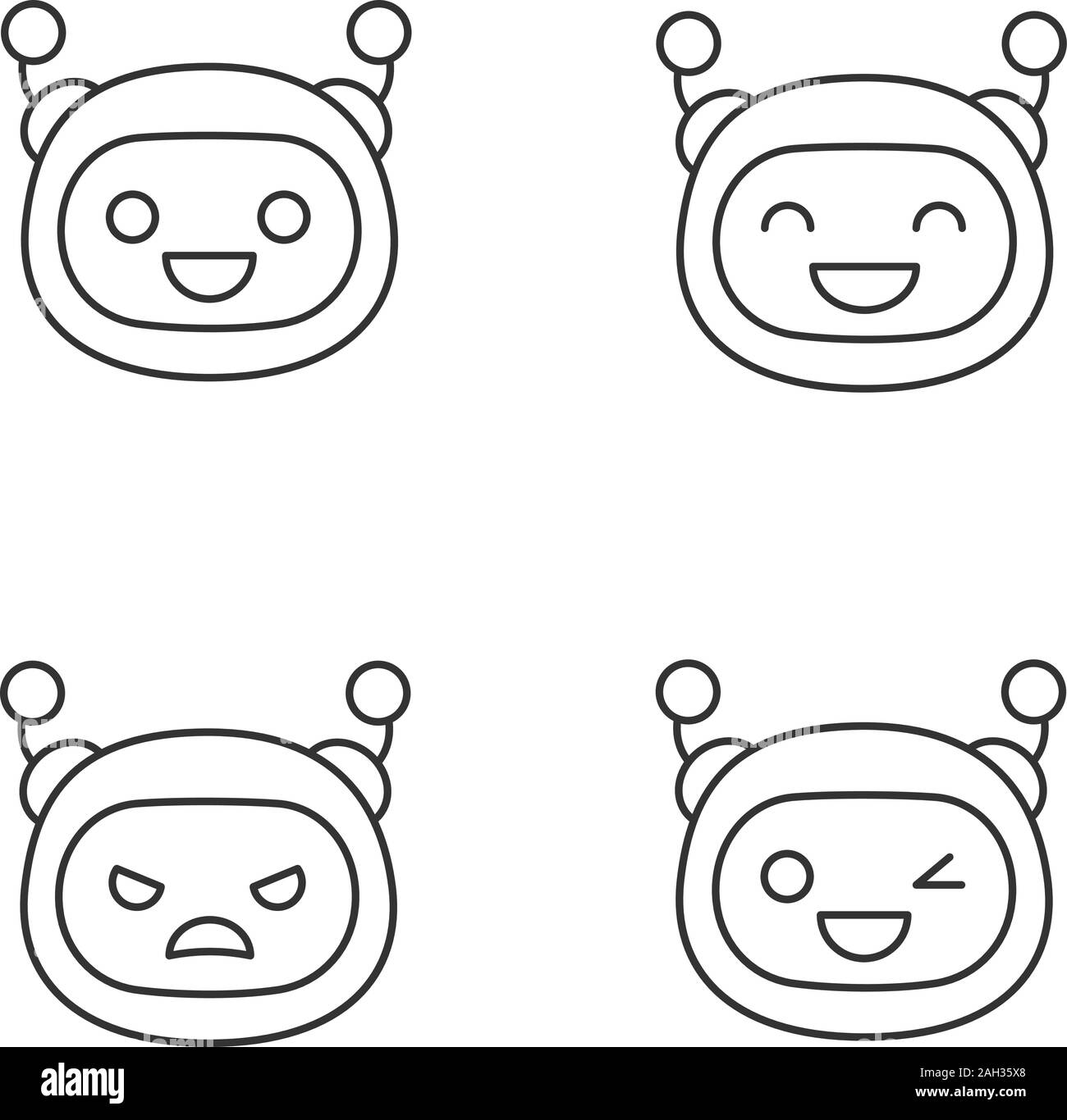 Robot emojis linear icons set. Chatbot emoticons. Laughing, happy, angry, winky chat bot smileys ...