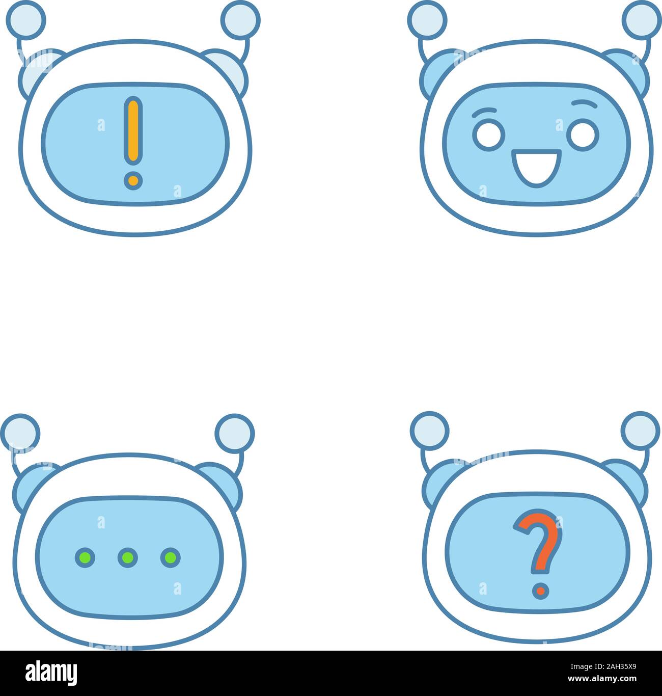 Robot emojis color icons set. Chatbot emoticons. Chat bot notification ...