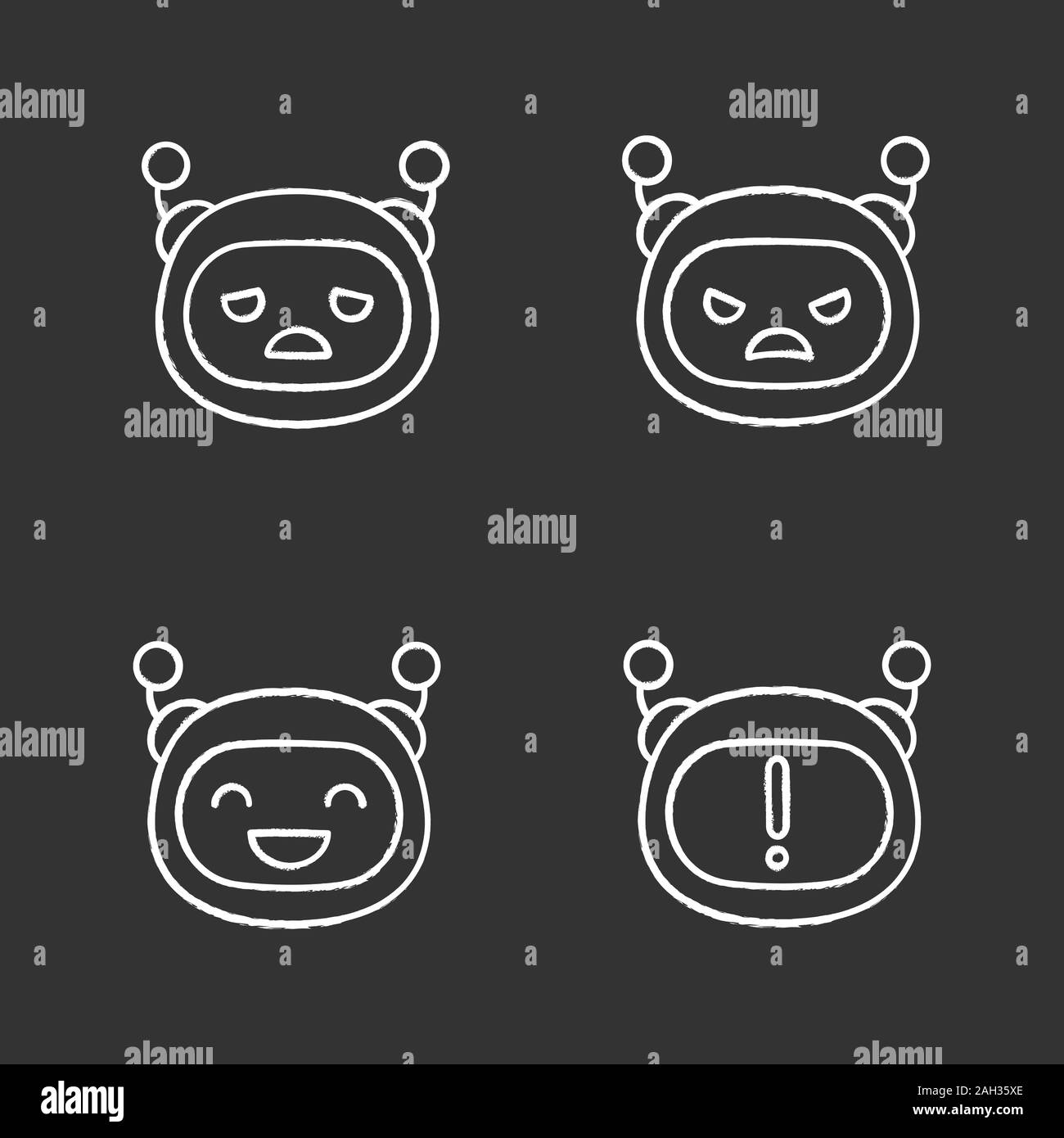 Robot emojis chalk icons set. Chatbot emoticons. Sad, angry, happy chat ... Robot emojis chalk icons set. Chatbot emoticons. Sad, angry, happy chat ...