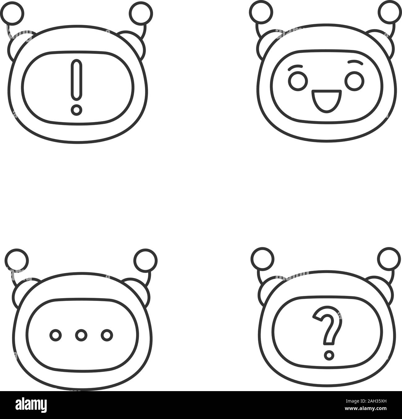 Robot emojis linear icons set. Chatbot emoticons. Chat bot notification and FAQ, laughing smiley ...