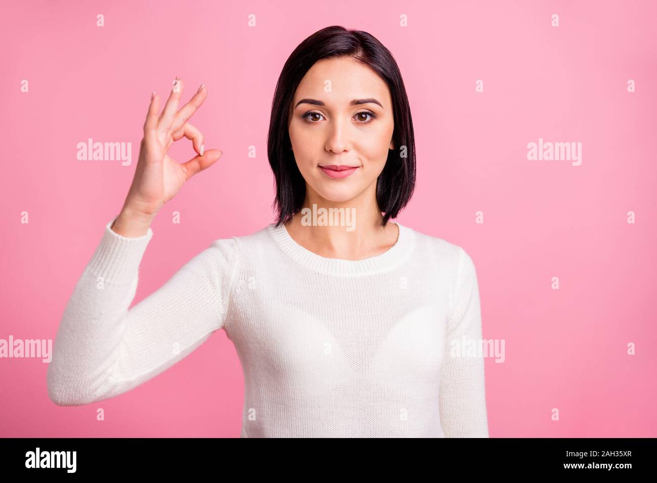 Closeup photo of funny lady showing okey symbol expressing agreement ...