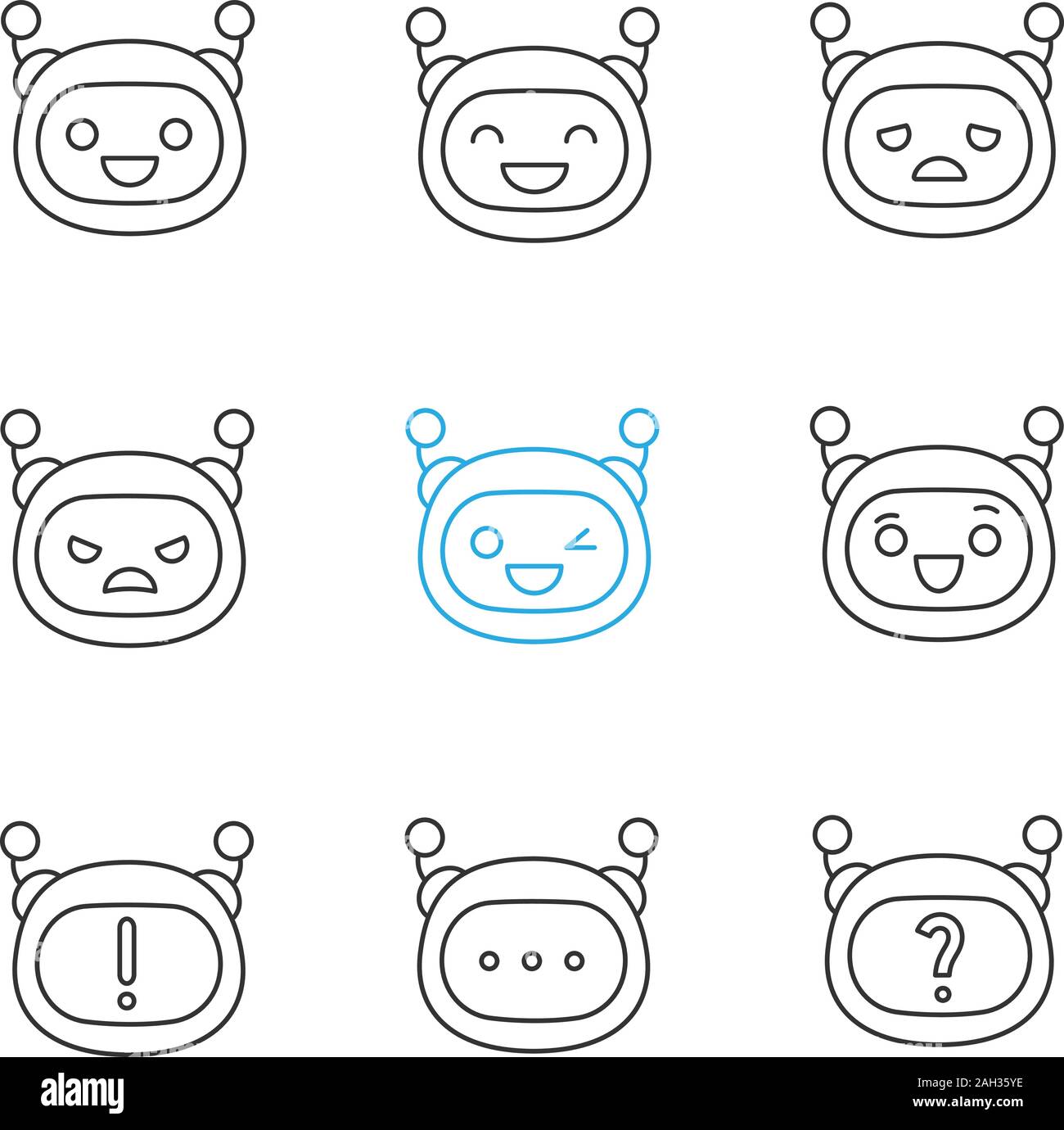 Robot emojis linear icons set. Thin line contour symbols. Chatbot ...