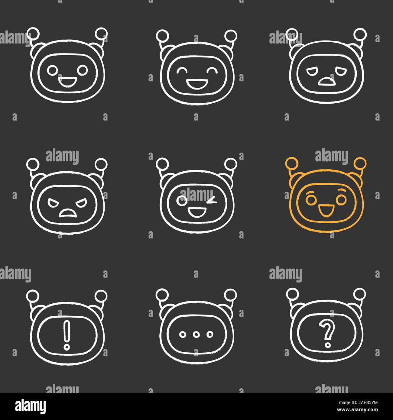 Robot emojis chalk icons set. Chatbot emoticons. Chat bot smileys. Artificial intelligence ...