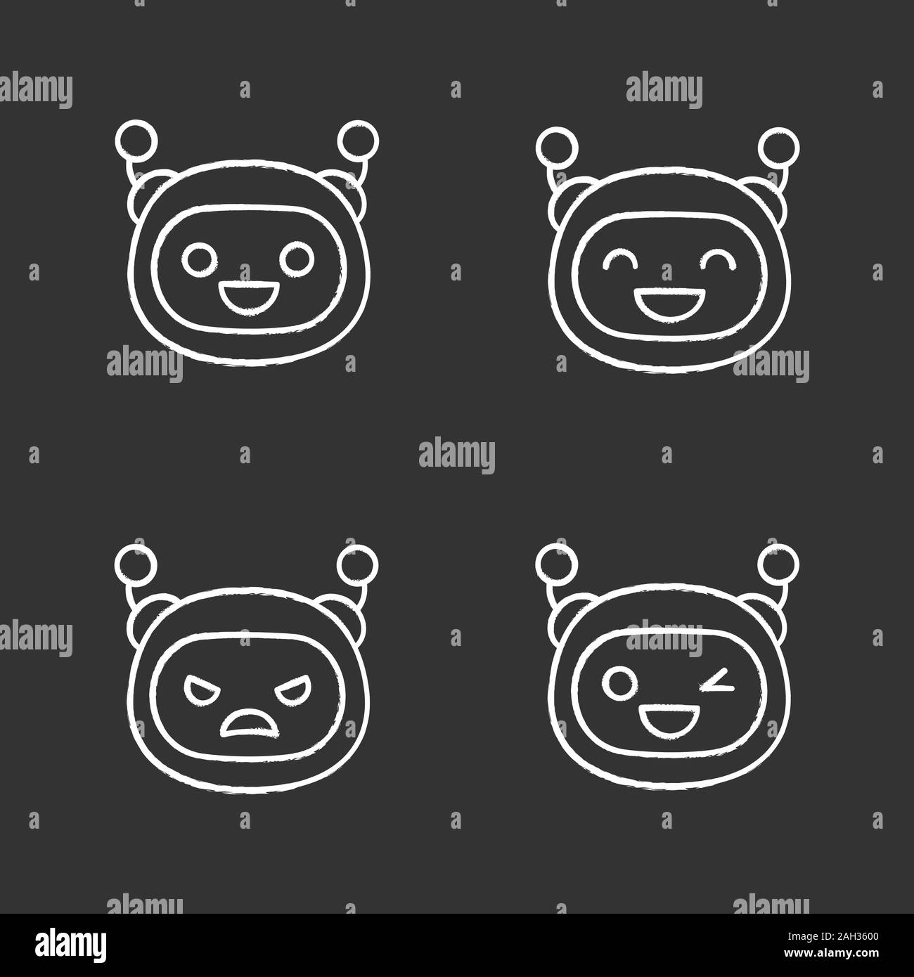 Robot emojis chalk icons set. Chatbot emoticons. Laughing, happy, angry ...