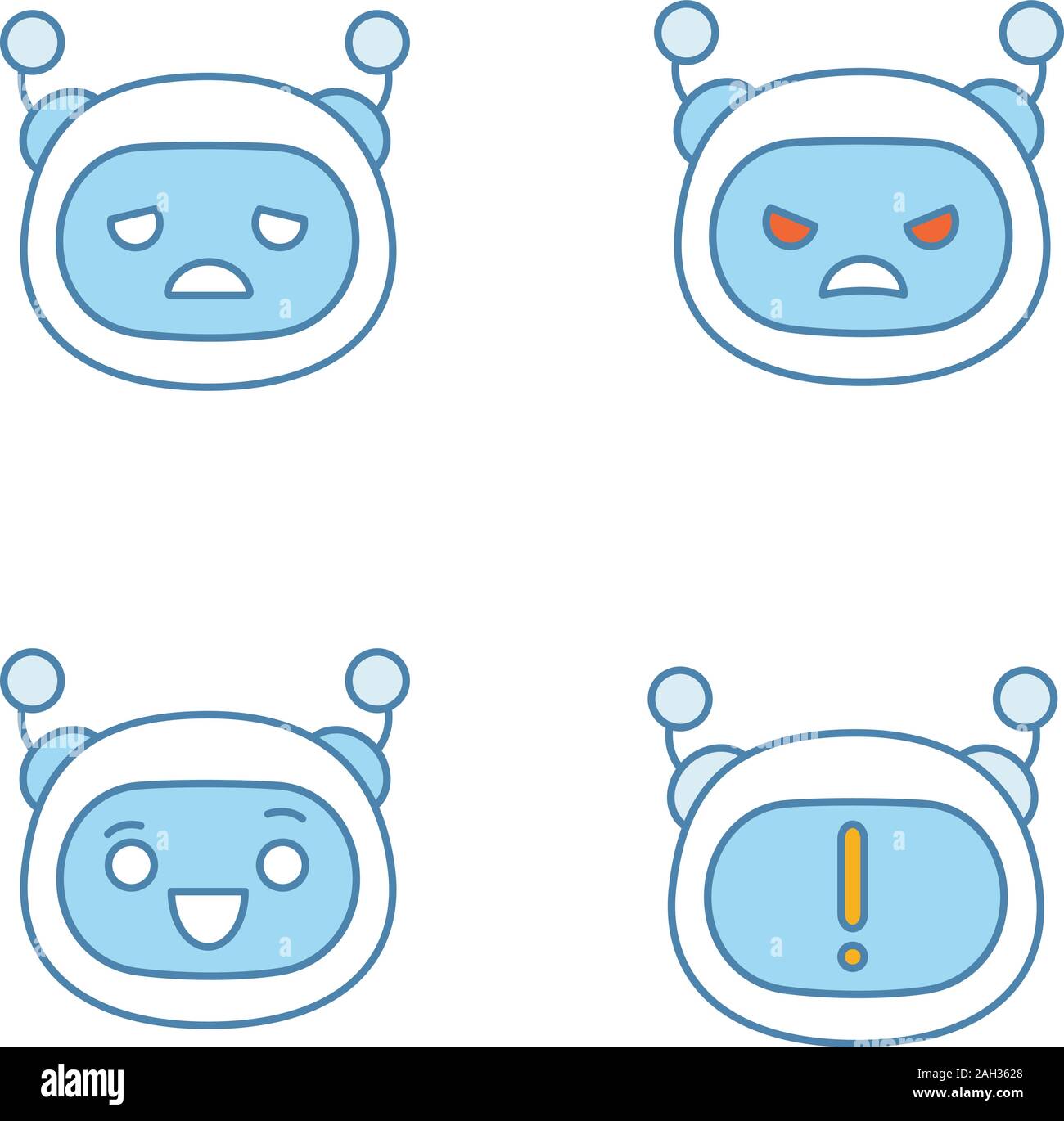 Robot emojis color icons set. Chatbot emoticons. Sad, angry, happy chat ...