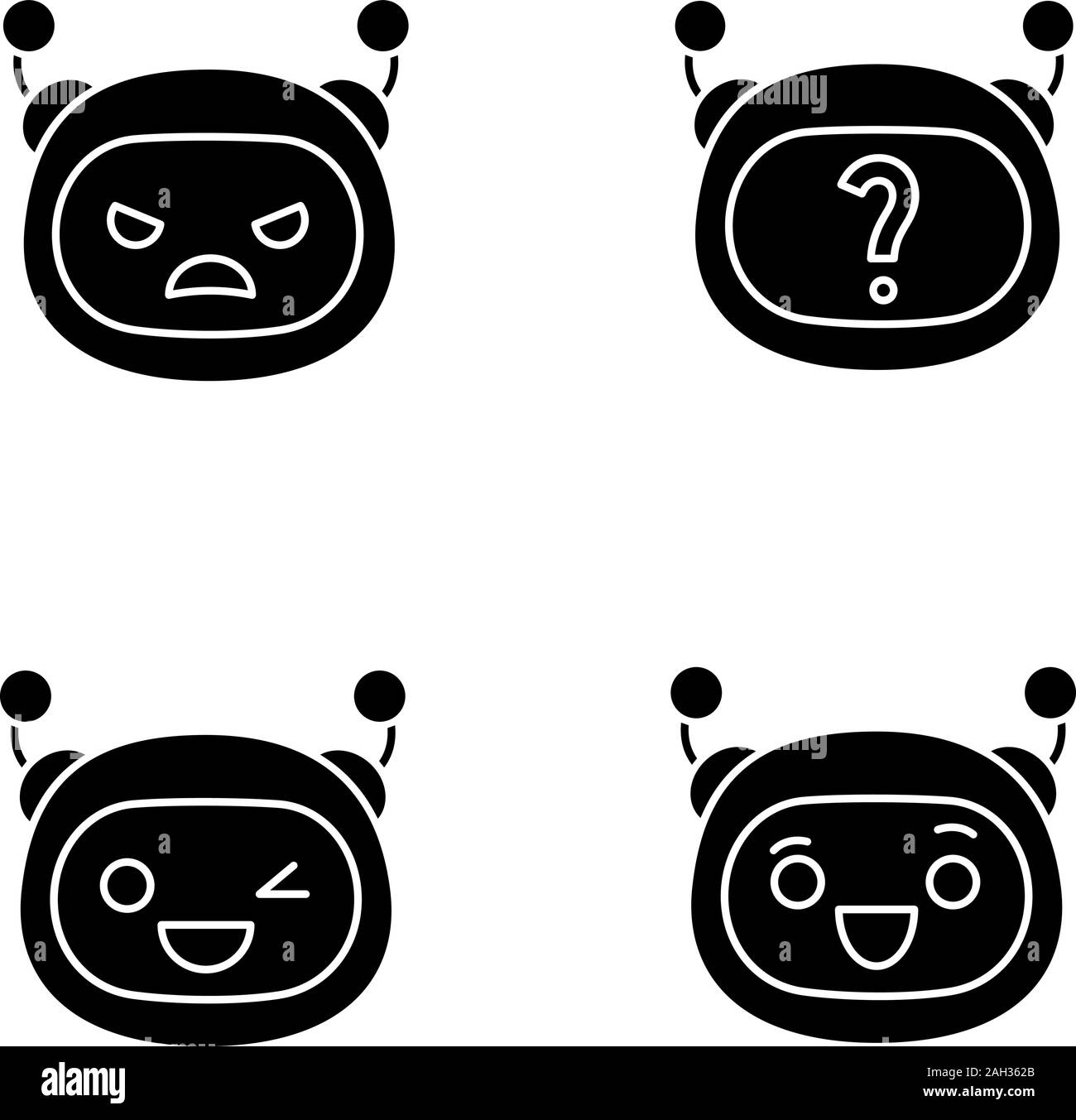 Robot emojis glyph icons set. Chatbot emoticons. Angry, winky, laughing ... Robot emojis glyph icons set. Chatbot emoticons. Angry, winky, laughing ...