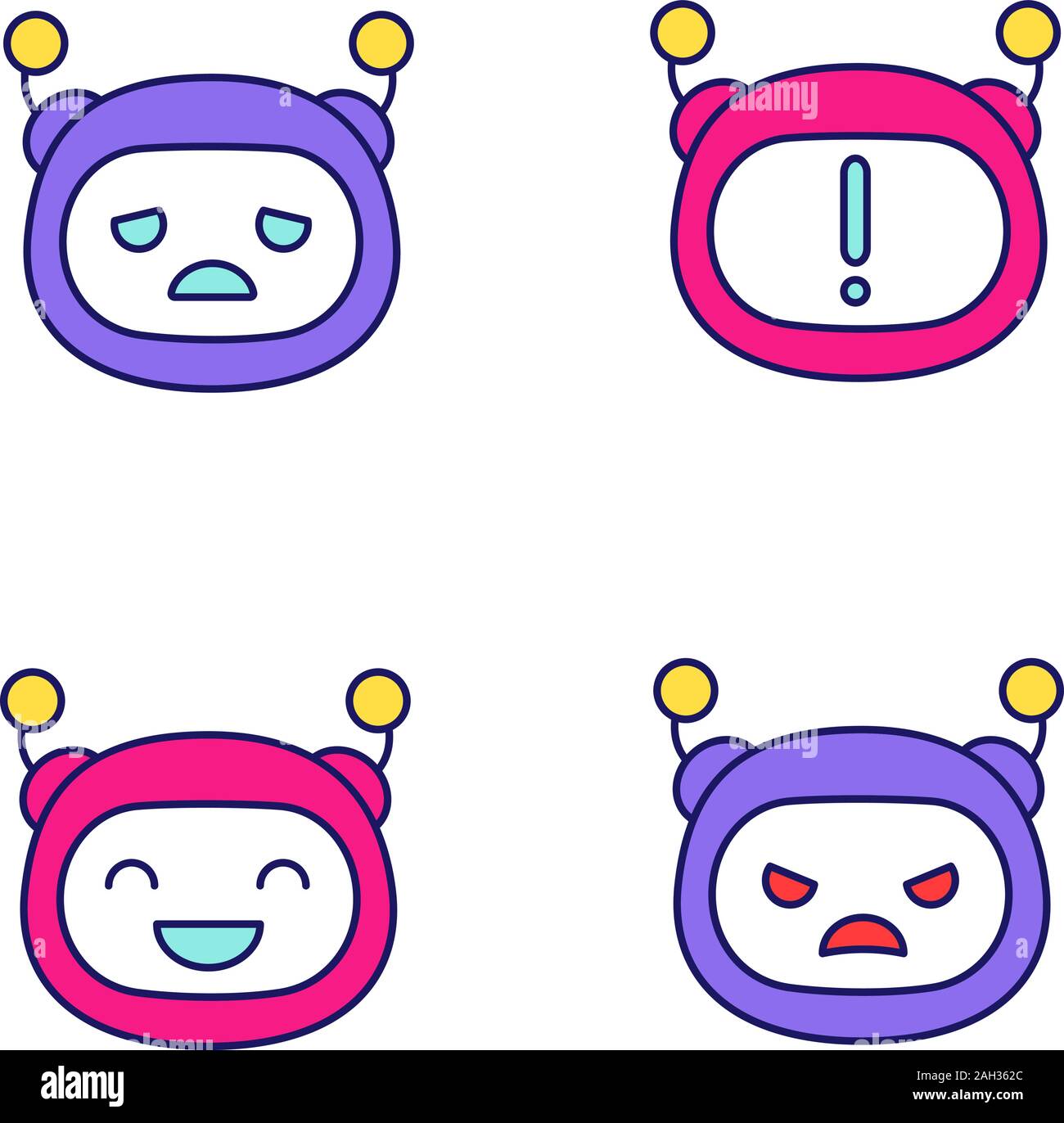 Robot emojis color icons set. Chatbot emoticons. Sad, angry, happy chat ...