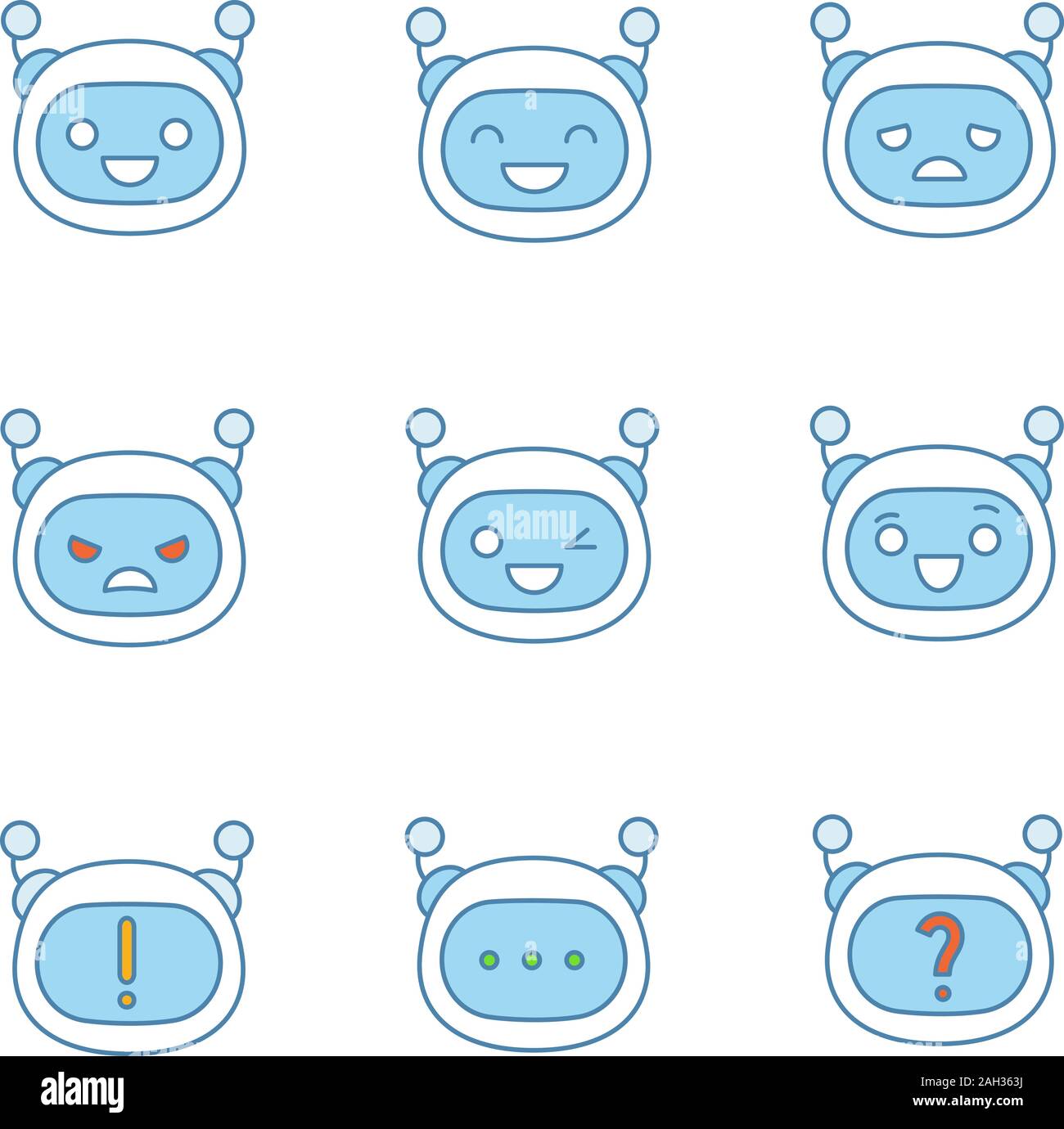 Robot emojis color icons set. Chatbot emoticons. Chat bot smileys. Artificial intelligence ...