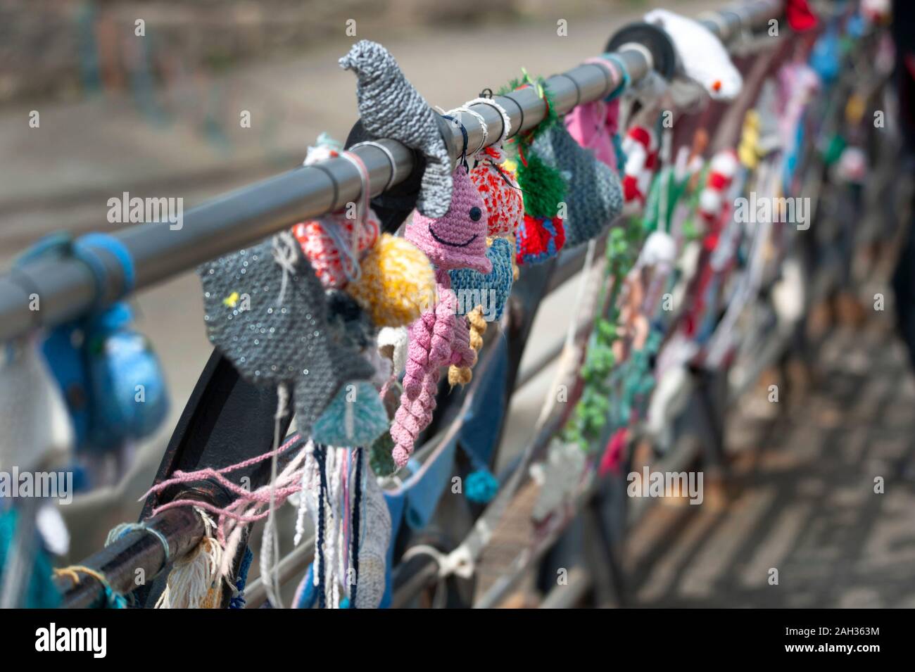 Knitted seaside objects on seawall railing, Seaham Stock Photo - Alamy