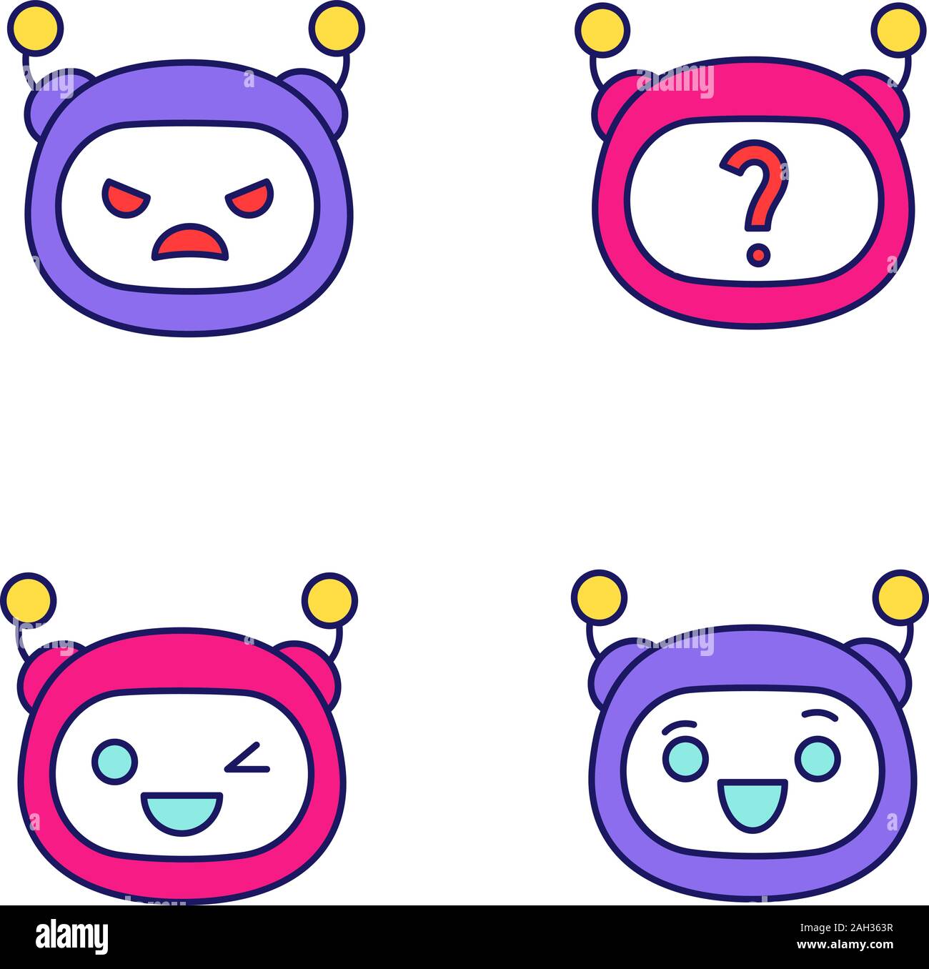 Robot emojis color icons set. Chatbot emoticons. Angry, winky, laughing chat bot smileys ...