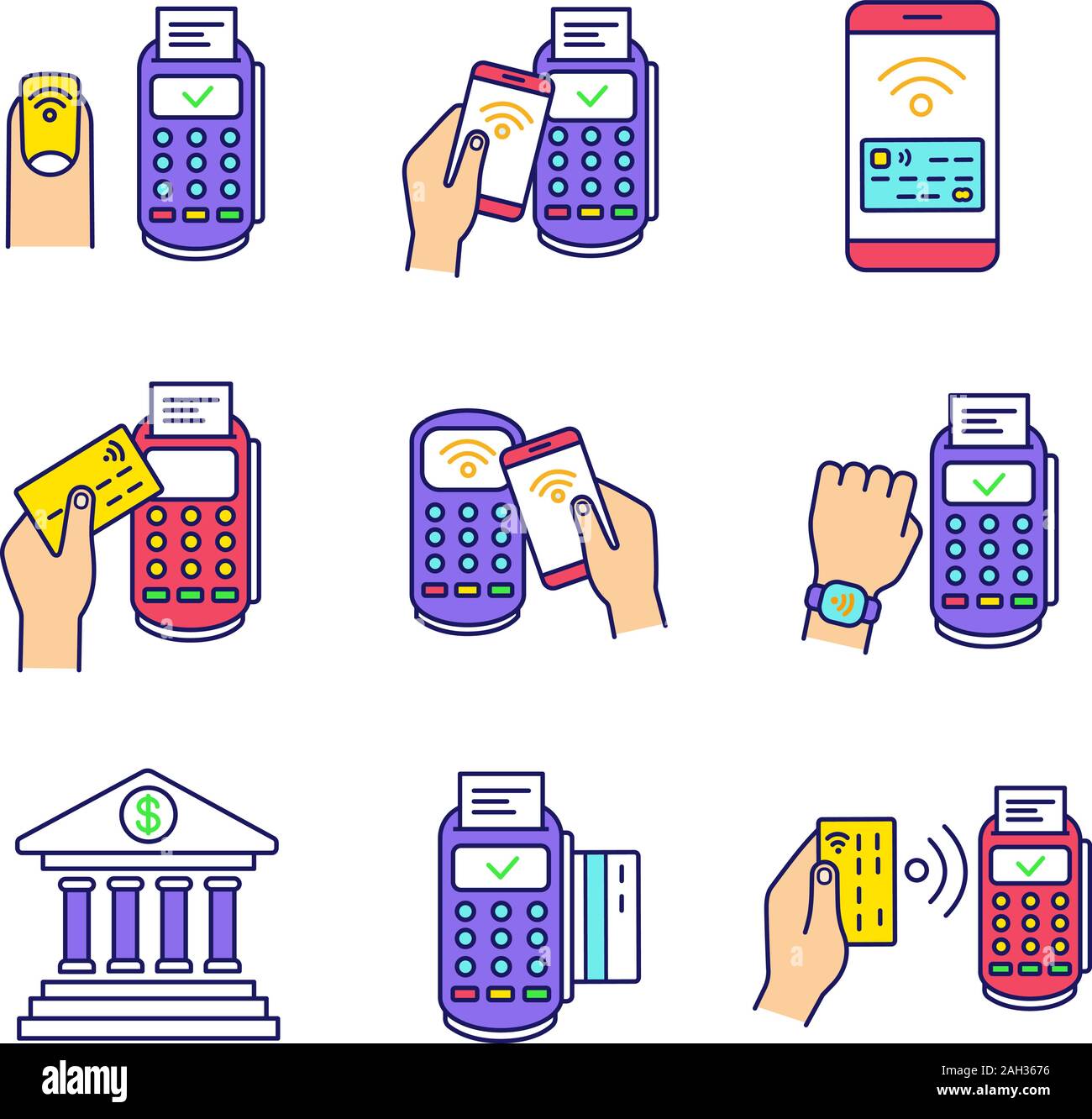 NFC payment color icons set. Pay with smartphone and credit card ...