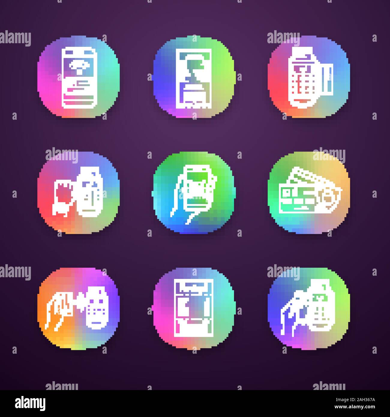 NFC payment app icons set. Pay with smartphone and credit card, cash receipt, POS terminal, QR ...