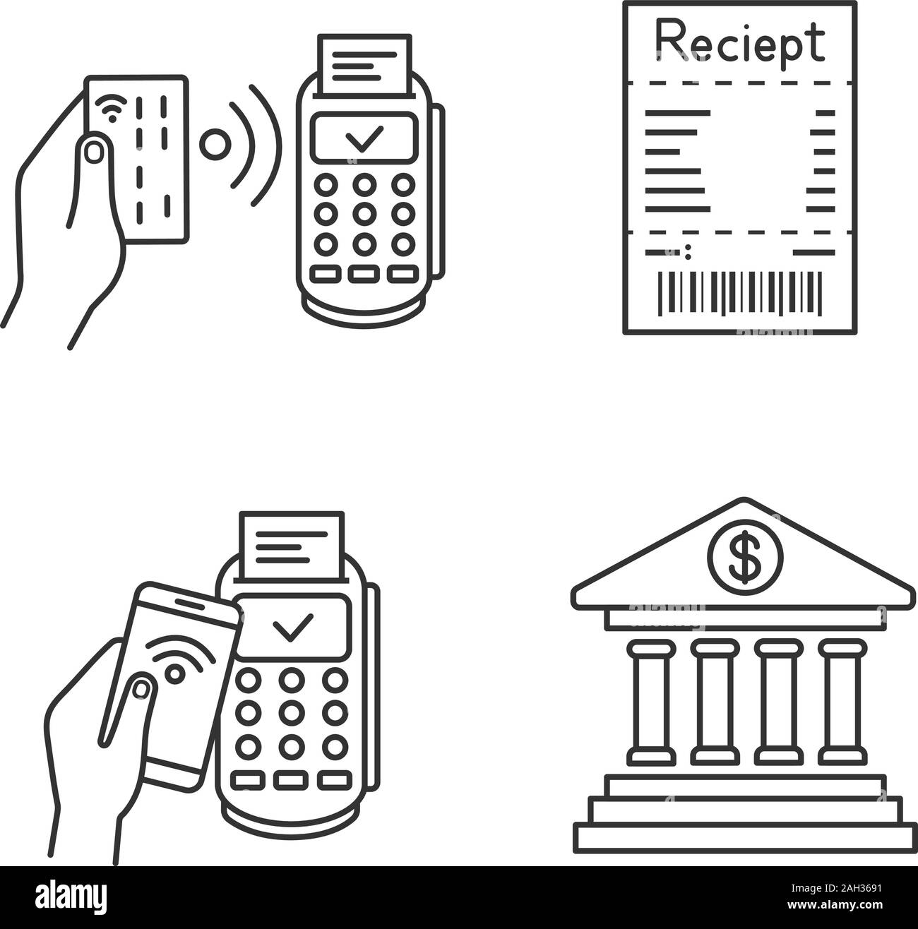 NFC payment linear icons set. POS terminal, cash receipt, pay with ...
