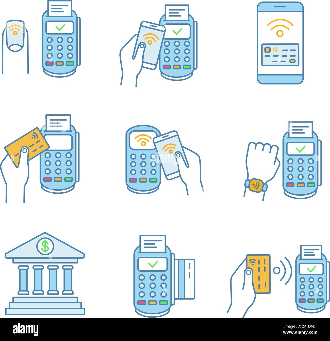 NFC payment color icons set. Pay with smartphone and credit card ...
