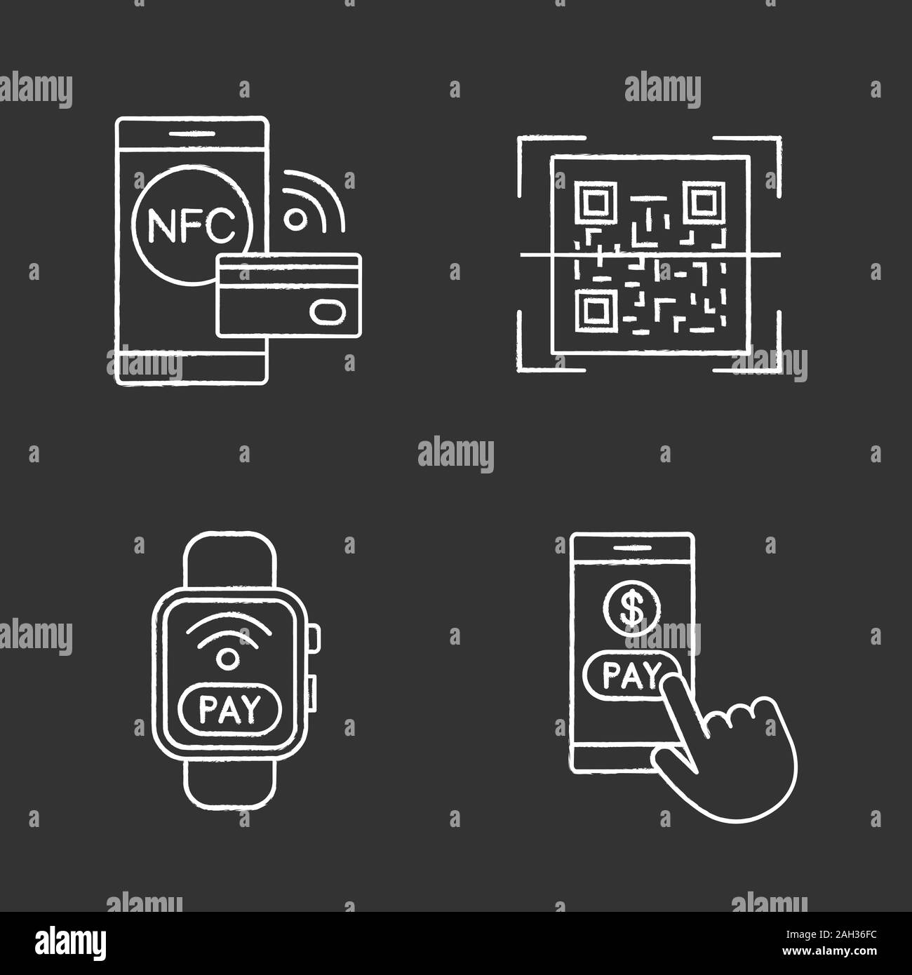 E-payment chalk icons set. Pay with smartphone, NFC smartwatch, QR code ...