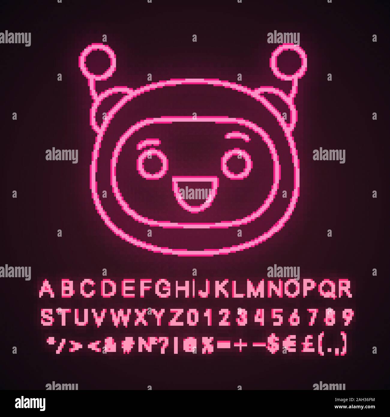 Excited robot emoji neon light icon. Laughing chatbot smiley with broad ...