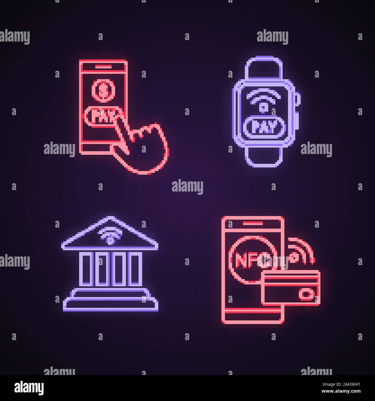 E-payment neon light icons set. Pay with smartphone, NFC smartwatch ...