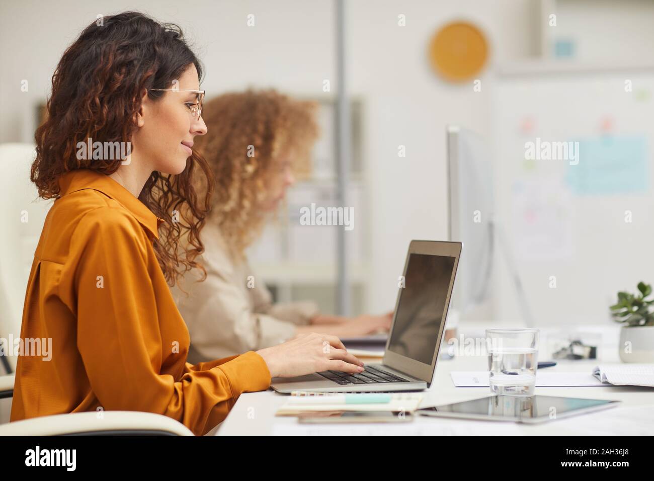 Horizontal side view shot of two Caucasian women working on computers ...