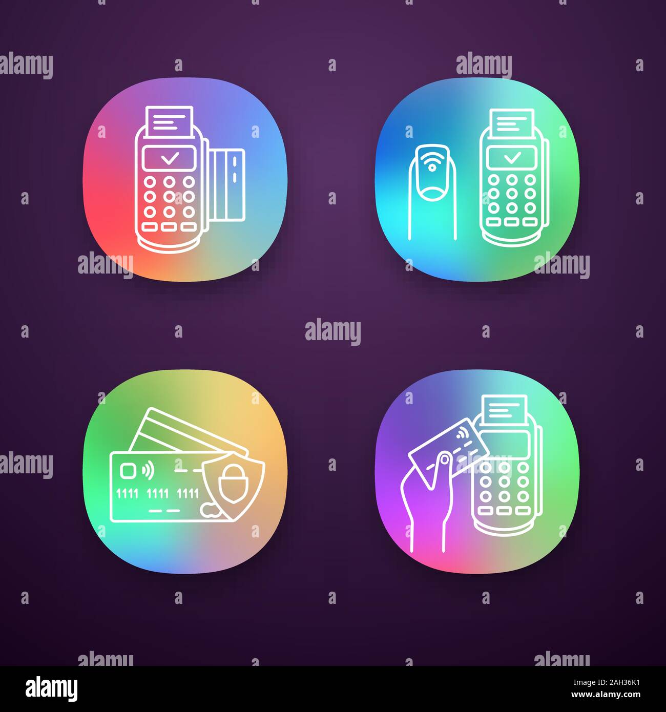 NFC payment app icons set. POS terminal, NFC manicure, credit cards. UI/UX user interface. Web ...