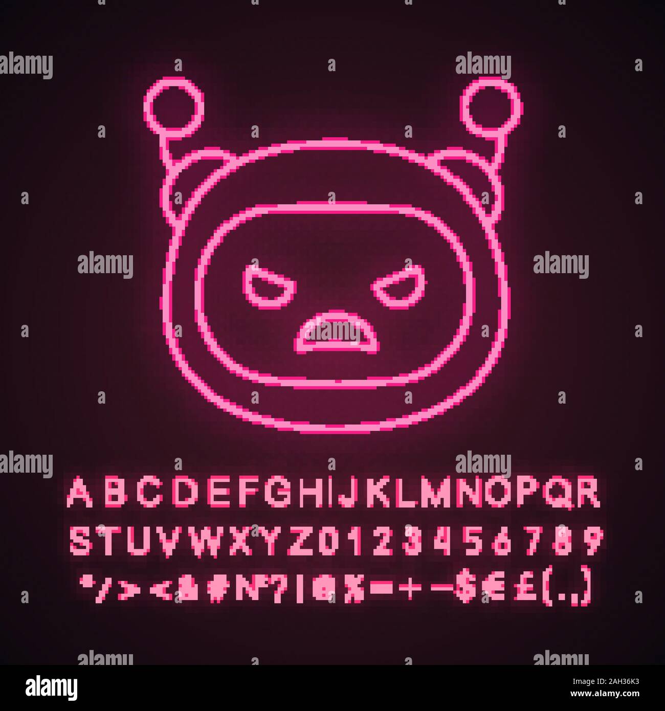 Angry robot emoji neon light icon. Frowned chatbot smiley. Chat bot ...