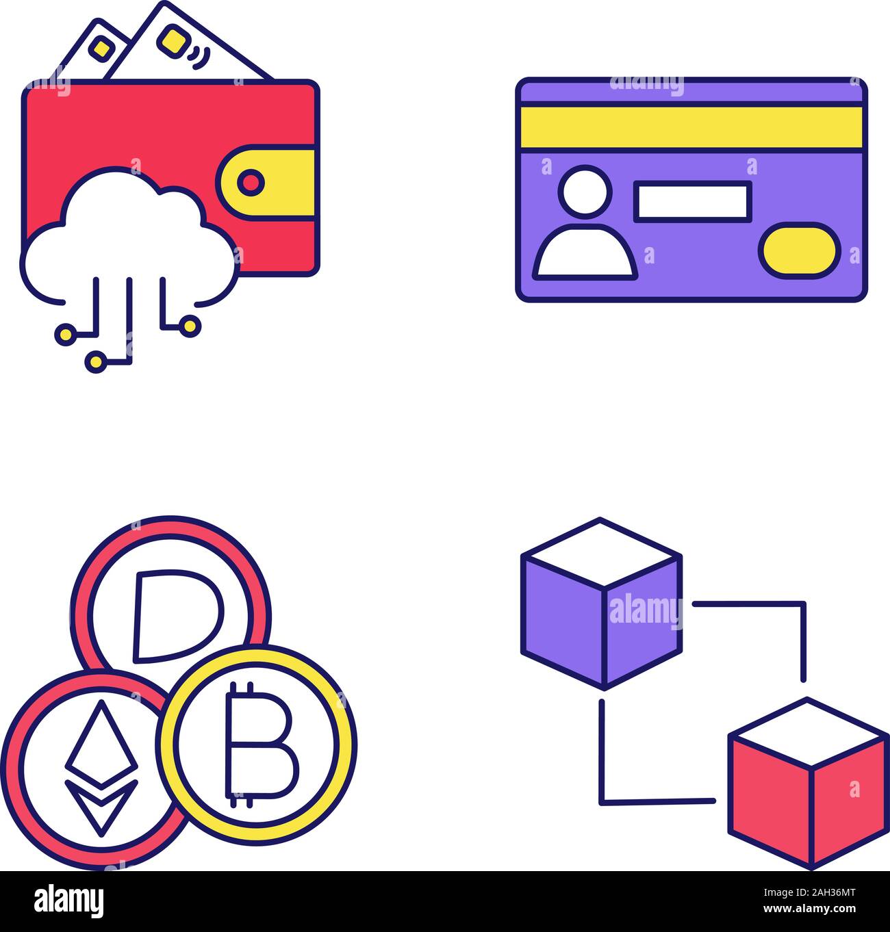 E-payment color icons set. E-wallet, credit card, cryptocurrency ...