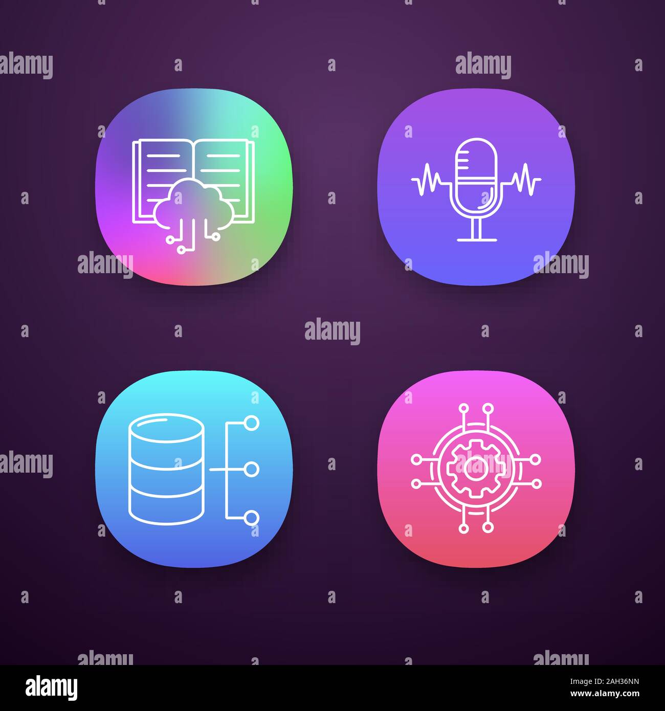 Machine Learning App Icons Set Voice Recognition Cloud Computing Relational Database Digital