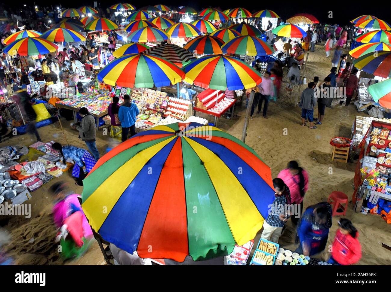 PURI, INDIA, DECEMBER 24, 2019:Sea market at the Puri sea beach covered ...