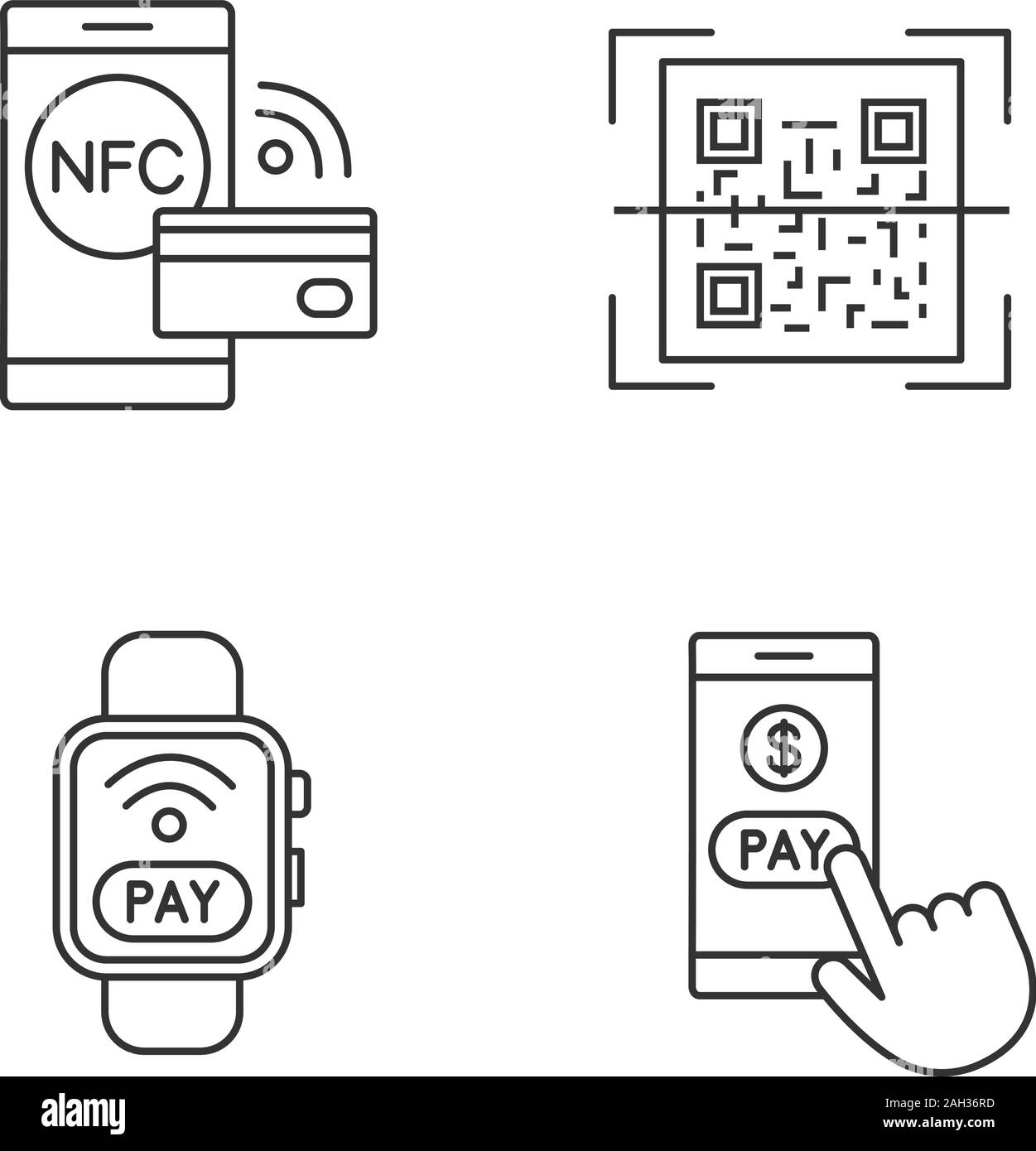 E-payment linear icons set. Pay with smartphone, NFC smartwatch, QR ...