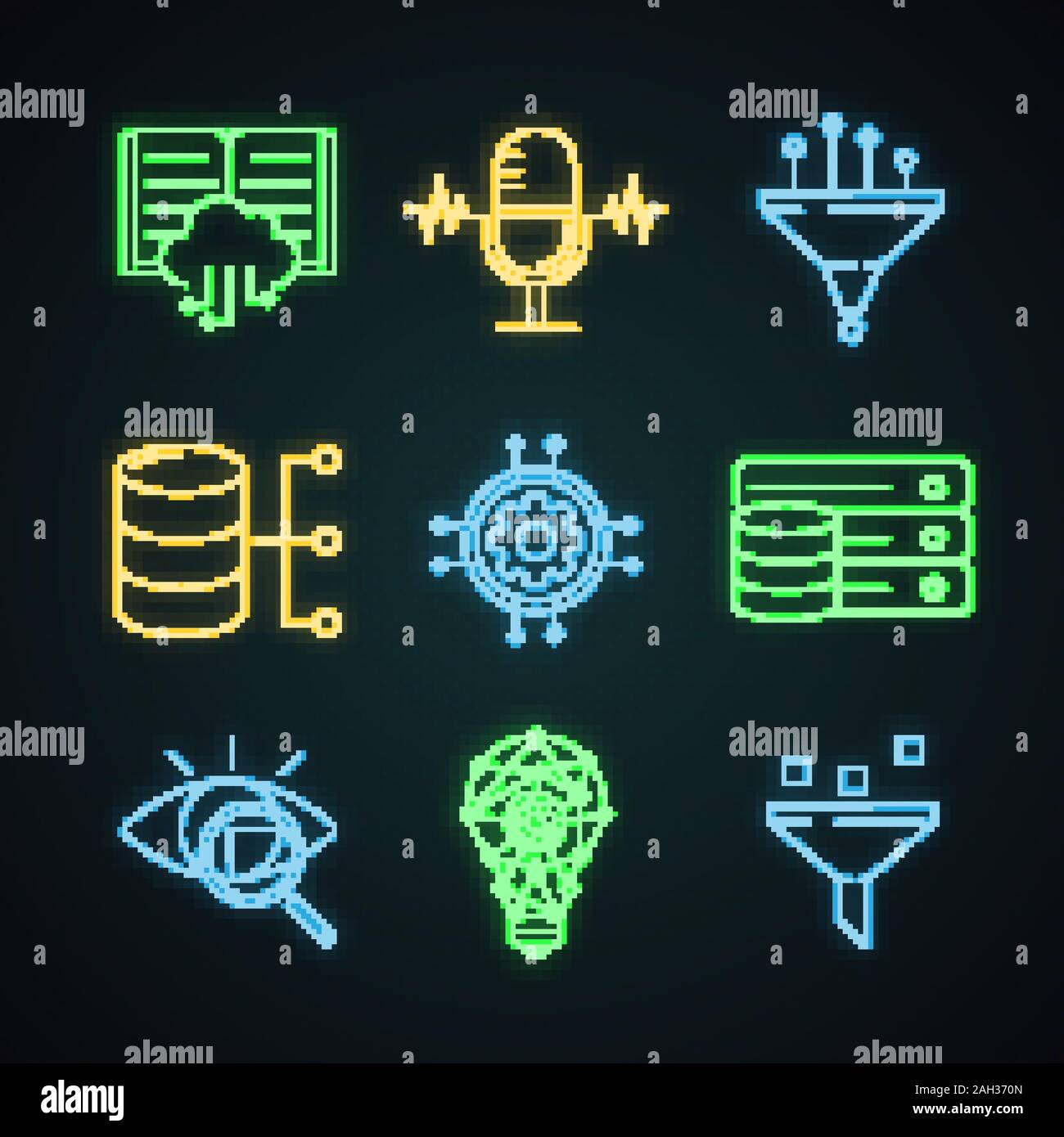 Machine learning neon light icons set. Artificial intelligence ...