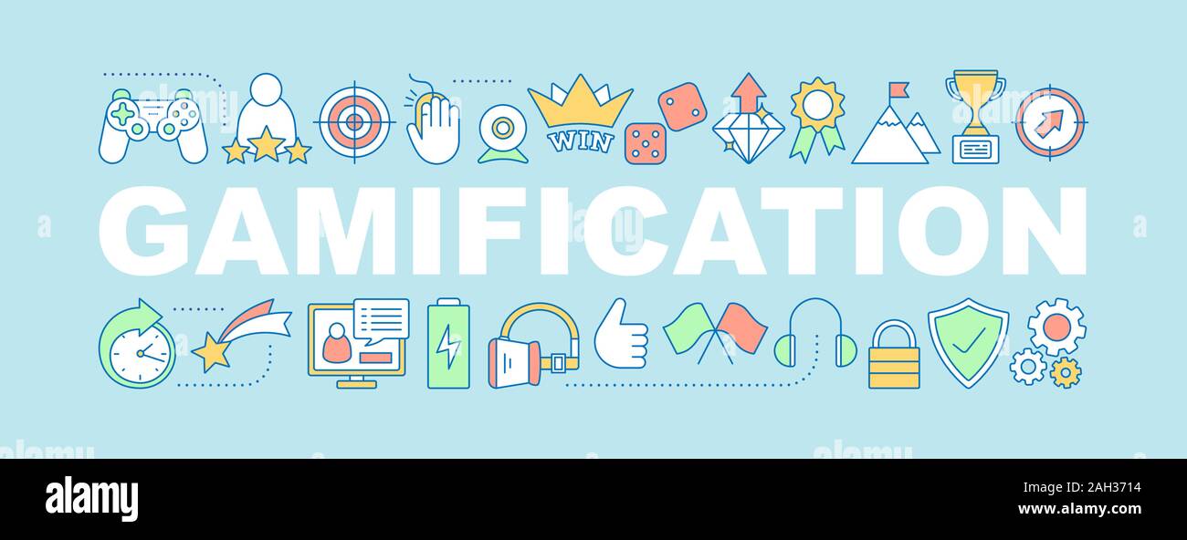 Gamification word concepts banner. Success. Entertainment and goal achieving. Isolated lettering ...