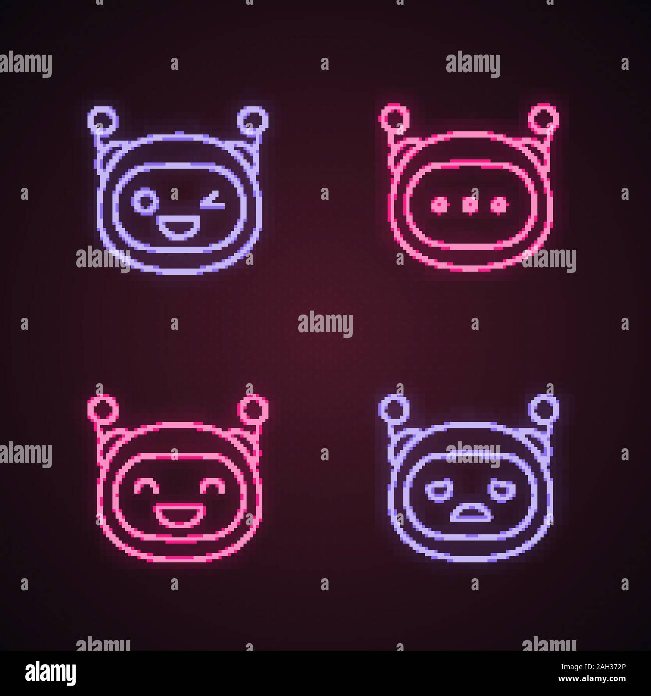 Robot emojis neon light icons set. Chatbot emoticons. Laughing, sad ...