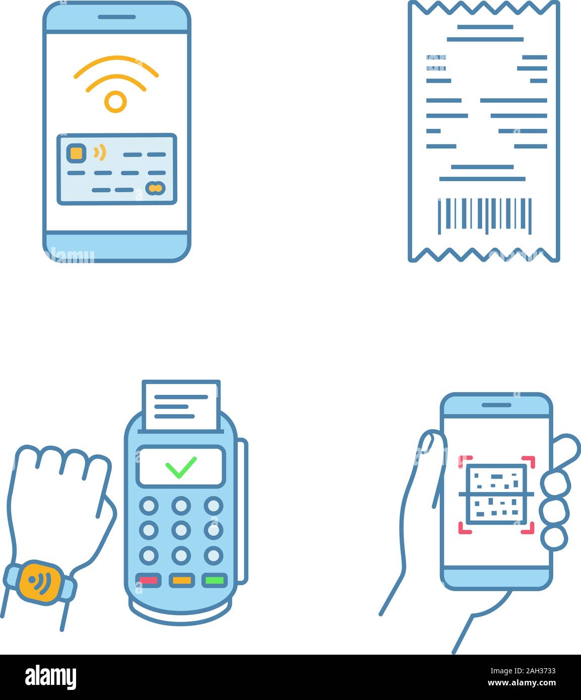 NFC payment color icons set. Cash receipt, QR code scanner, NFC ...