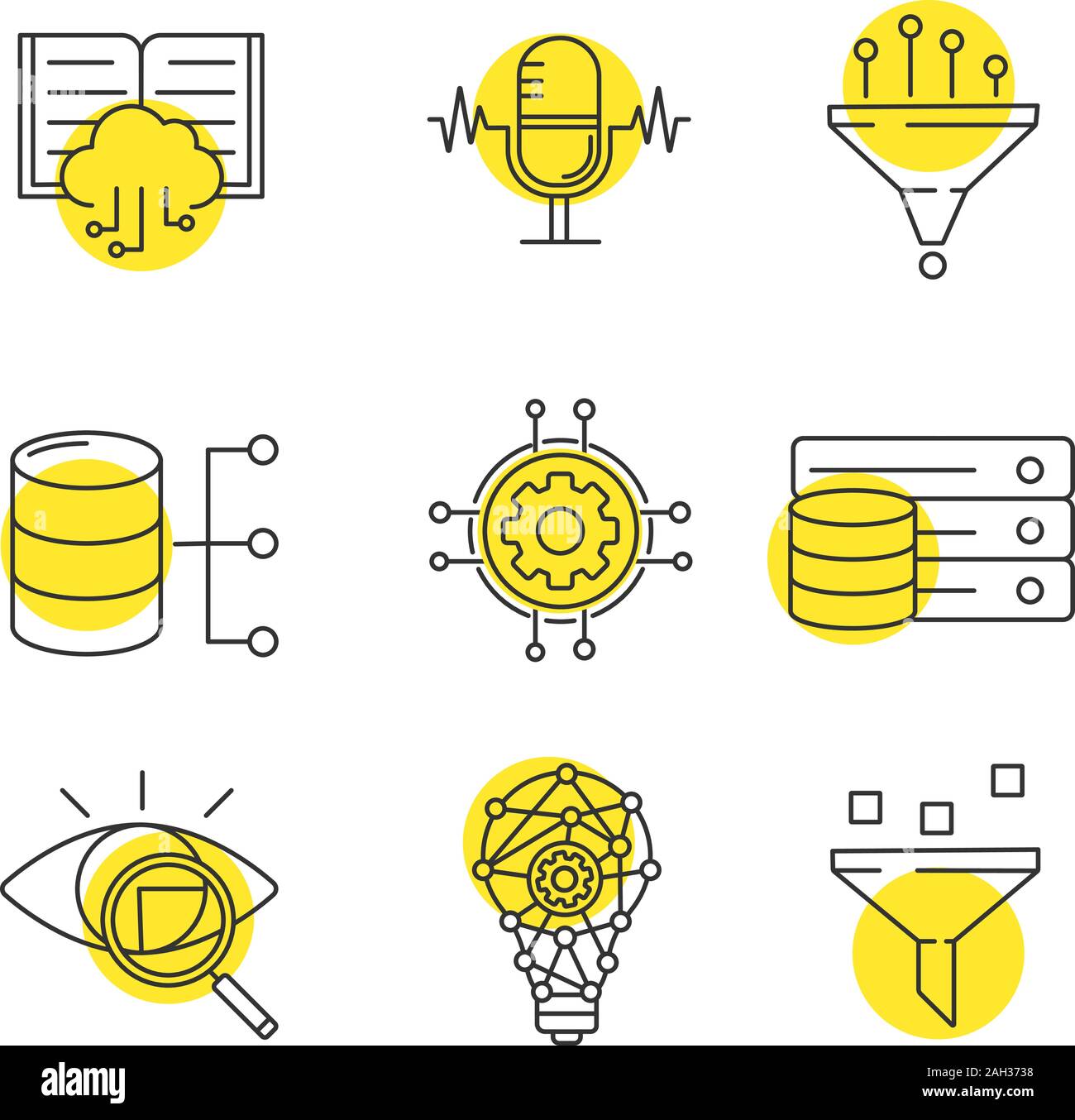 Machine learning linear icons set. Artificial intelligence. Database ...
