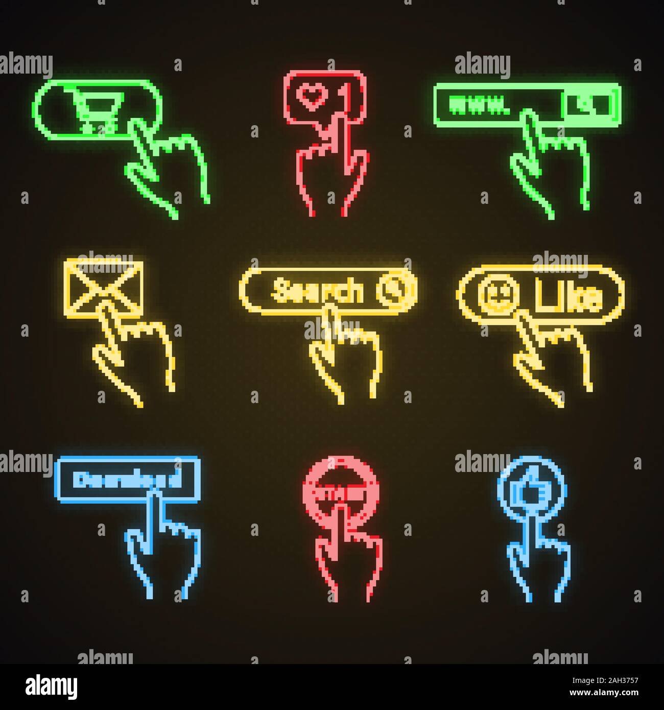 Click buttons neon light icons. Buy, likes counter, search bar, message ...