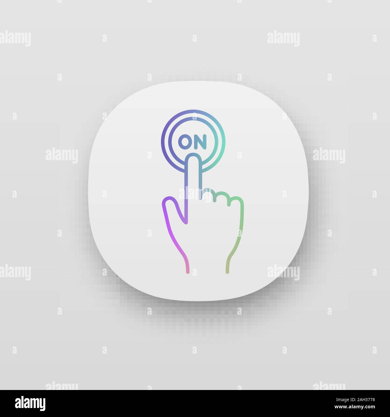 Turn on button click app icon. Power. Hand pressing button. UI/UX user interface. Web or mobile ...