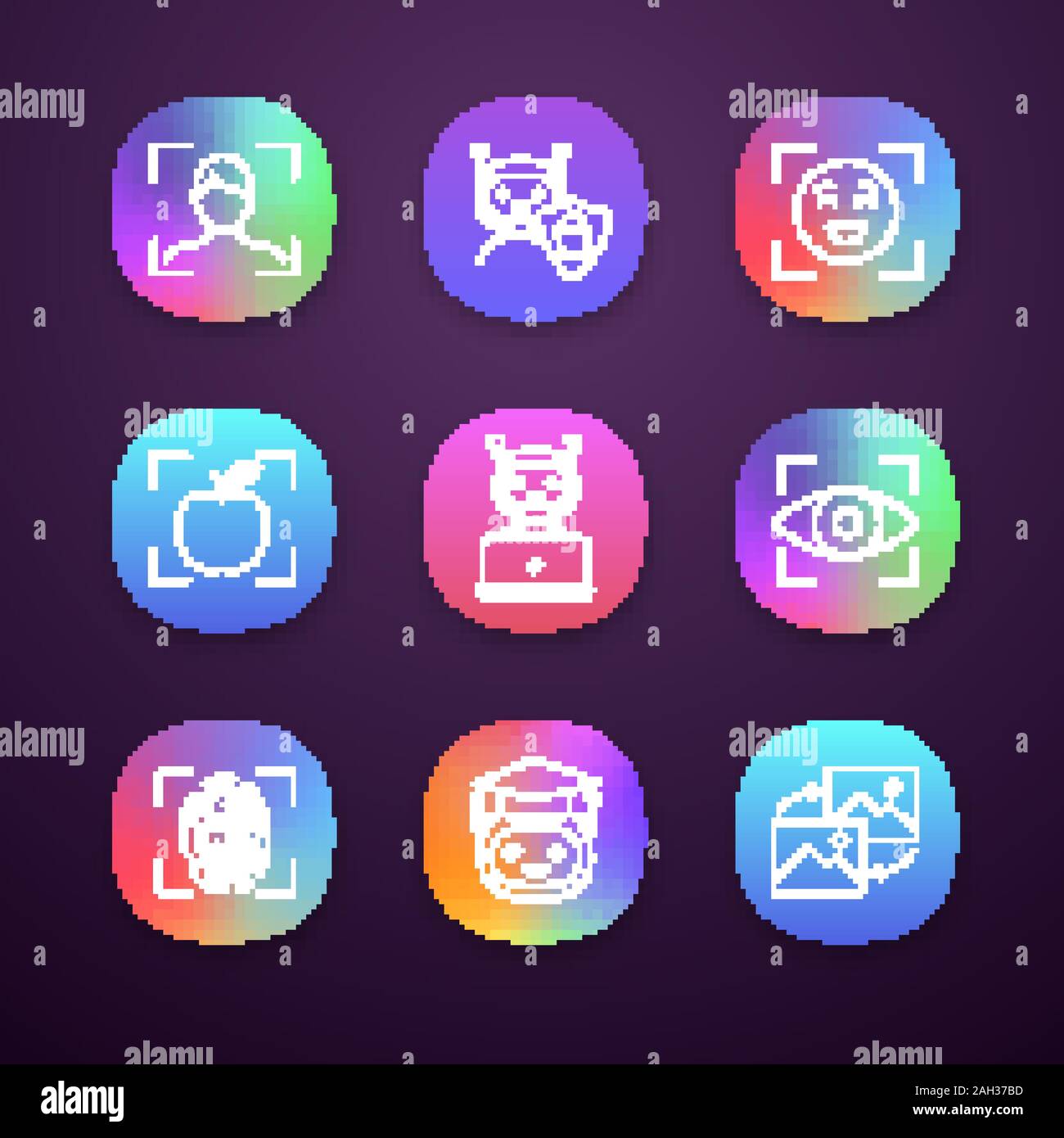 Machine learning app icons set. Artificial intelligence. Chatbot, face, retina, fingerprint ...
