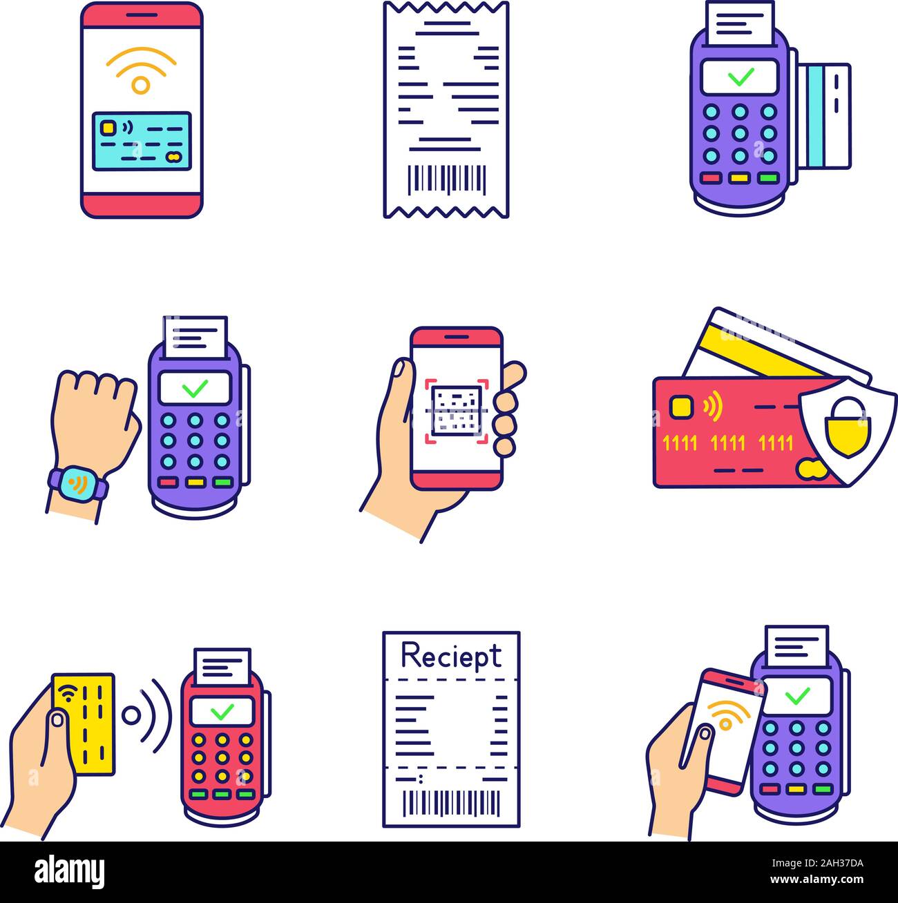 NFC payment color icons set. Pay with smartphone and credit card, cash ...