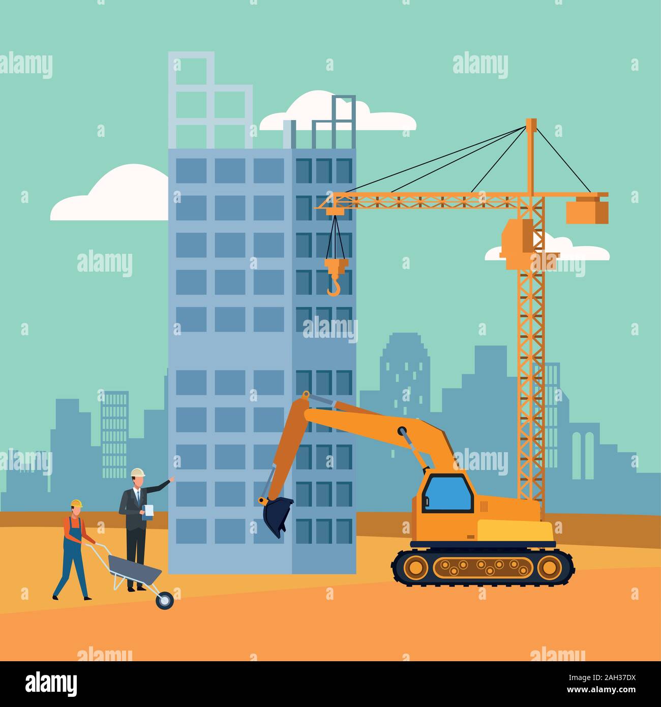 excavator with enginner and builders working on under construction ...