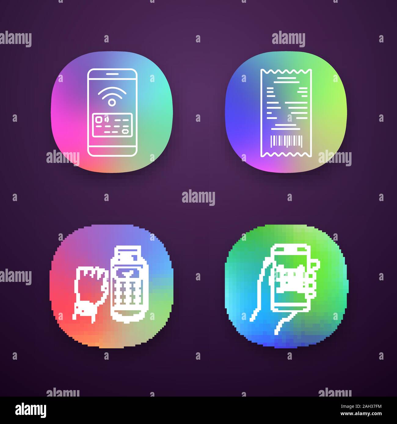 NFC payment app icons set. Cash receipt, QR code scanner, NFC smartphone and smartwatch. UI/UX ...