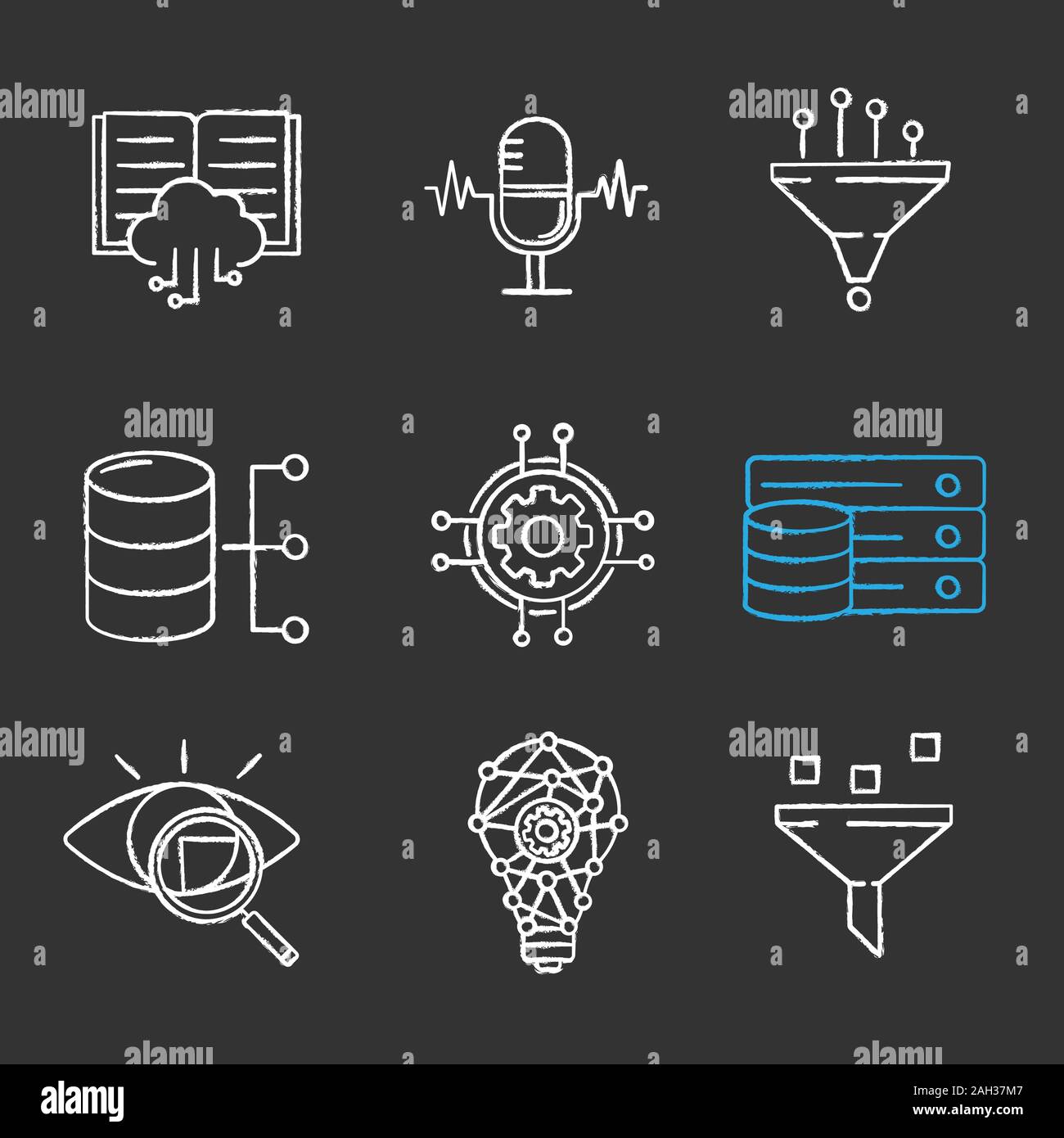 Machine learning chalk icons set. Artificial intelligence. Database. AI. Digital technology ...