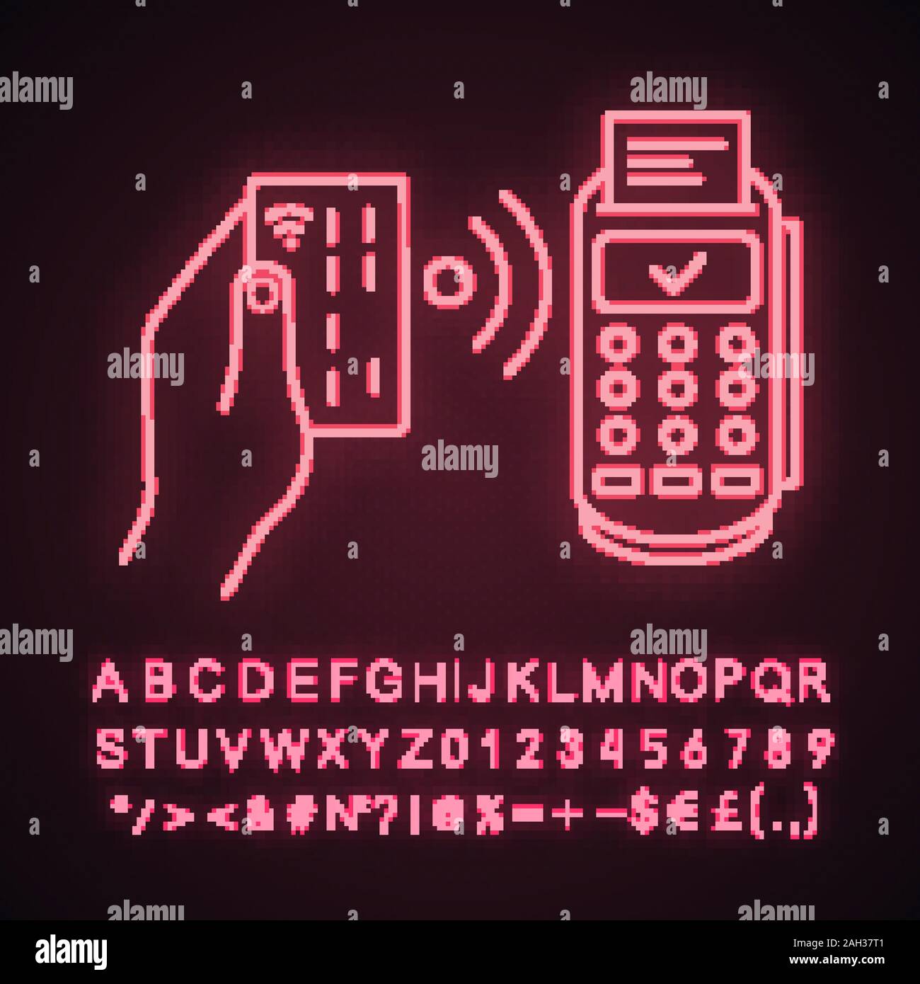 NFC payment neon light icon. POS terminal. Glowing sign with alphabet, numbers and symbols ...