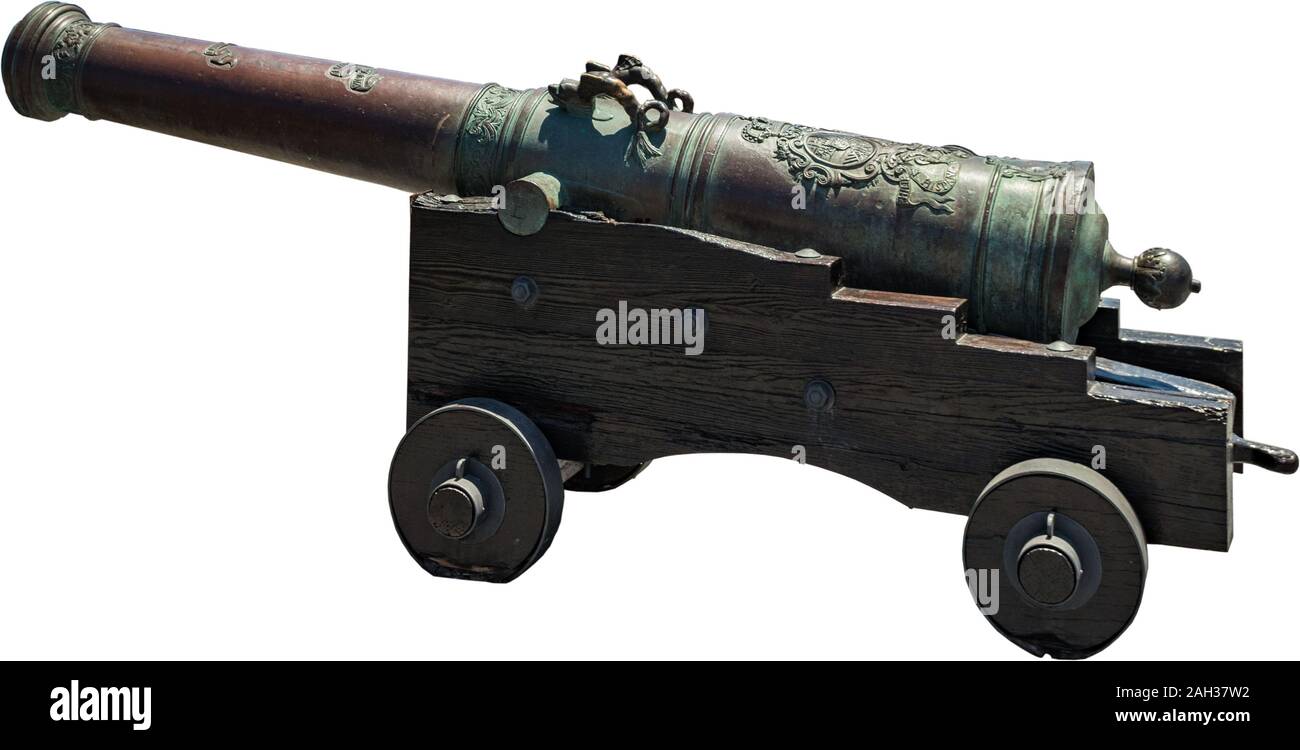Ancient cannon. Antique bronze gun on a wooden carriage with wheels ...