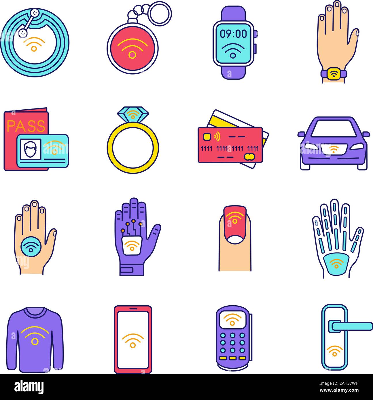 NFC technology color icons set. Near field communication. RFID and nfc ...