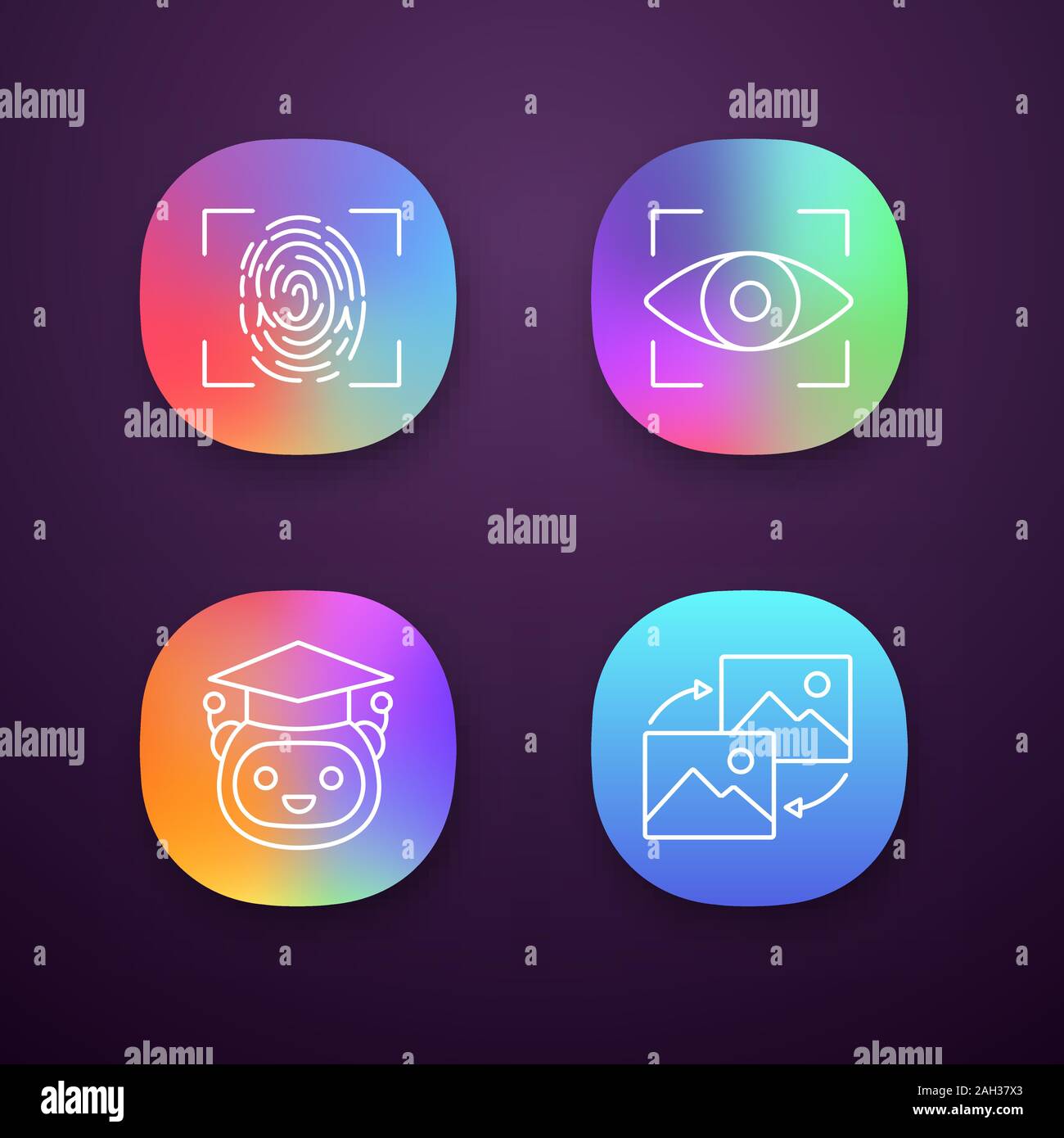Machine Learning App Icons Set Fingerprint Scanning Iris Recognition Teacher Bot Data
