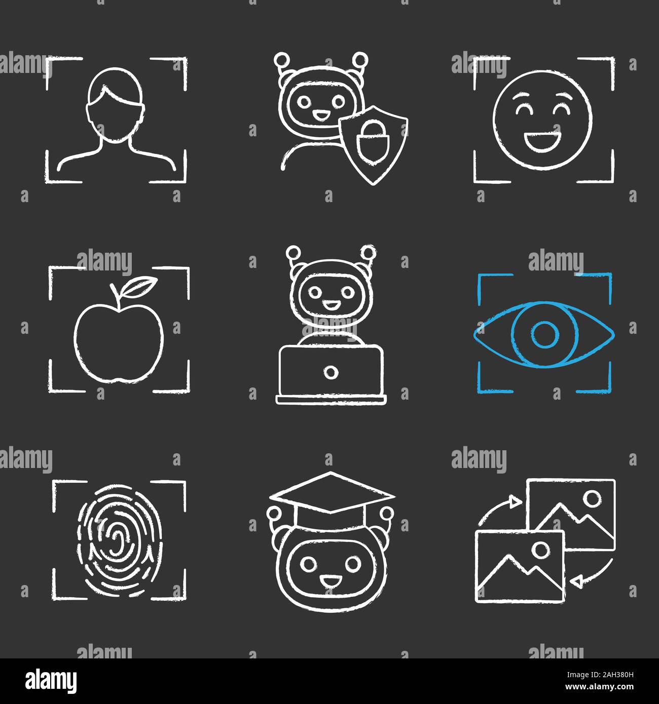 Machine learning chalk icons set. Artificial intelligence. Chatbot, face, retina, fingerprint ...